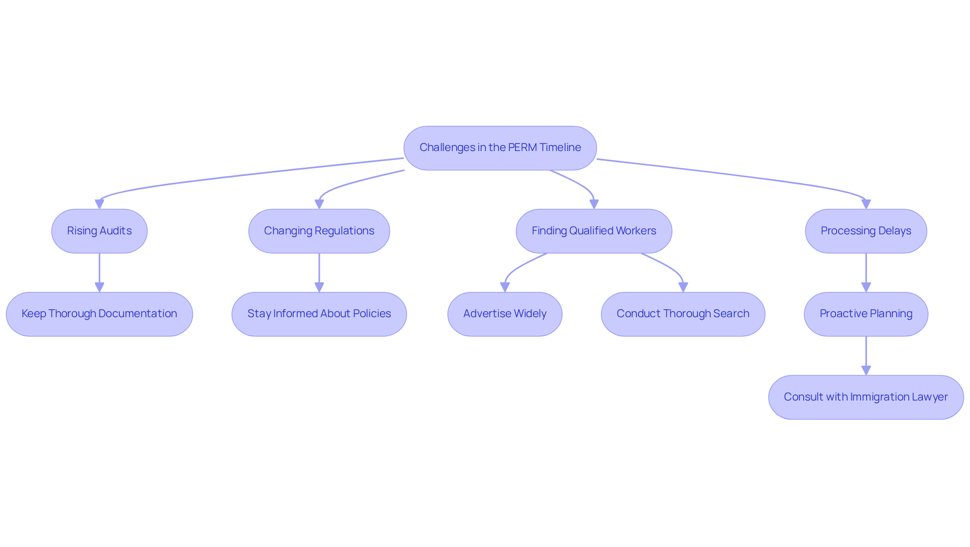 This flowchart outlines the key challenges faced during the PERM process and the actions you can take to address them. Each branch represents a challenge, and the sub-branches show specific steps to help you navigate these hurdles effectively. This flowchart outlines the key challenges faced during the PERM process and the actions you can take to address them. Each branch represents a challenge, and the sub-branches show specific steps to help you navigate these hurdles effectively.