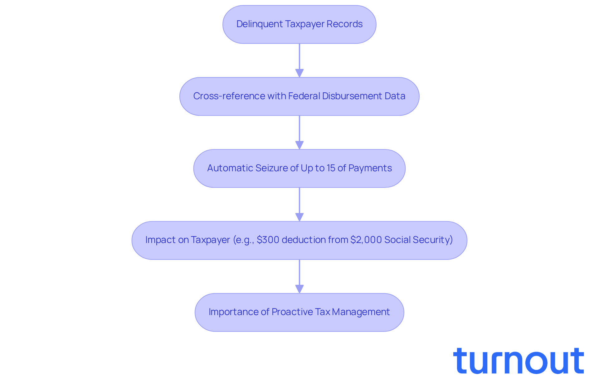 Follow the arrows to see how the IRS identifies delinquent taxpayers and the steps that lead to automatic deductions from federal payments. Each box represents a key part of the process, showing how one action leads to the next. Follow the arrows to see how the IRS identifies delinquent taxpayers and the steps that lead to automatic deductions from federal payments. Each box represents a key part of the process, showing how one action leads to the next.