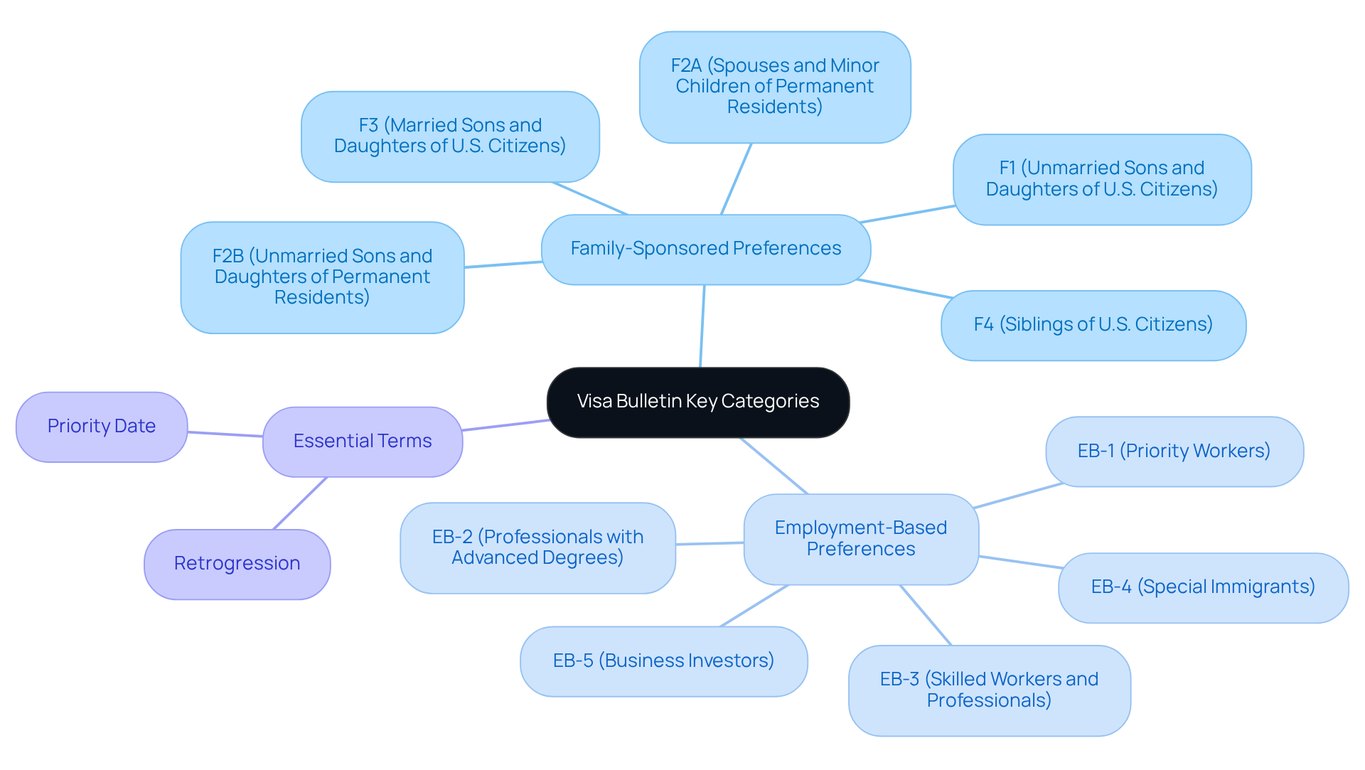 The center represents the Visa Bulletin. Branches represent different categories and terms. Each color-coded section helps you identify family and employment preferences, making it easier to understand your options.