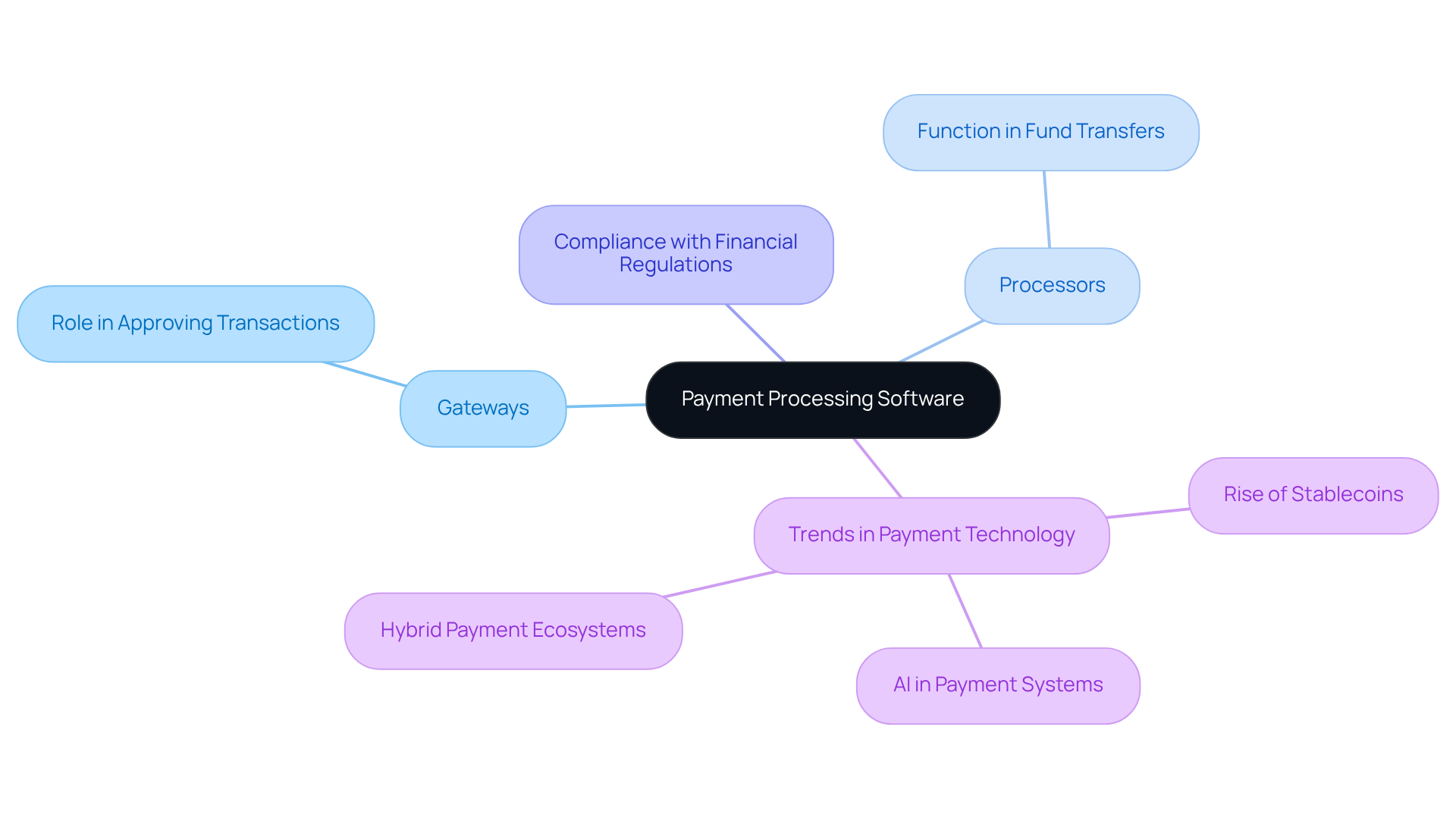 The central node represents the overall software, while the branches show the key components and their specific functions. Follow the branches to understand how each part contributes to the payment processing system.
