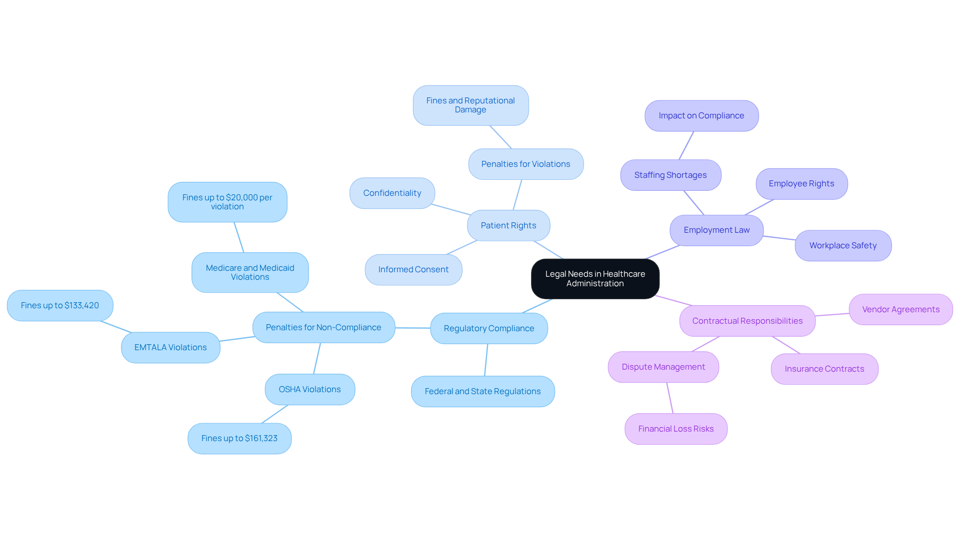 The center represents the overall legal needs, while each branch shows a specific area of concern. Follow the branches to understand the implications and details of each legal category.