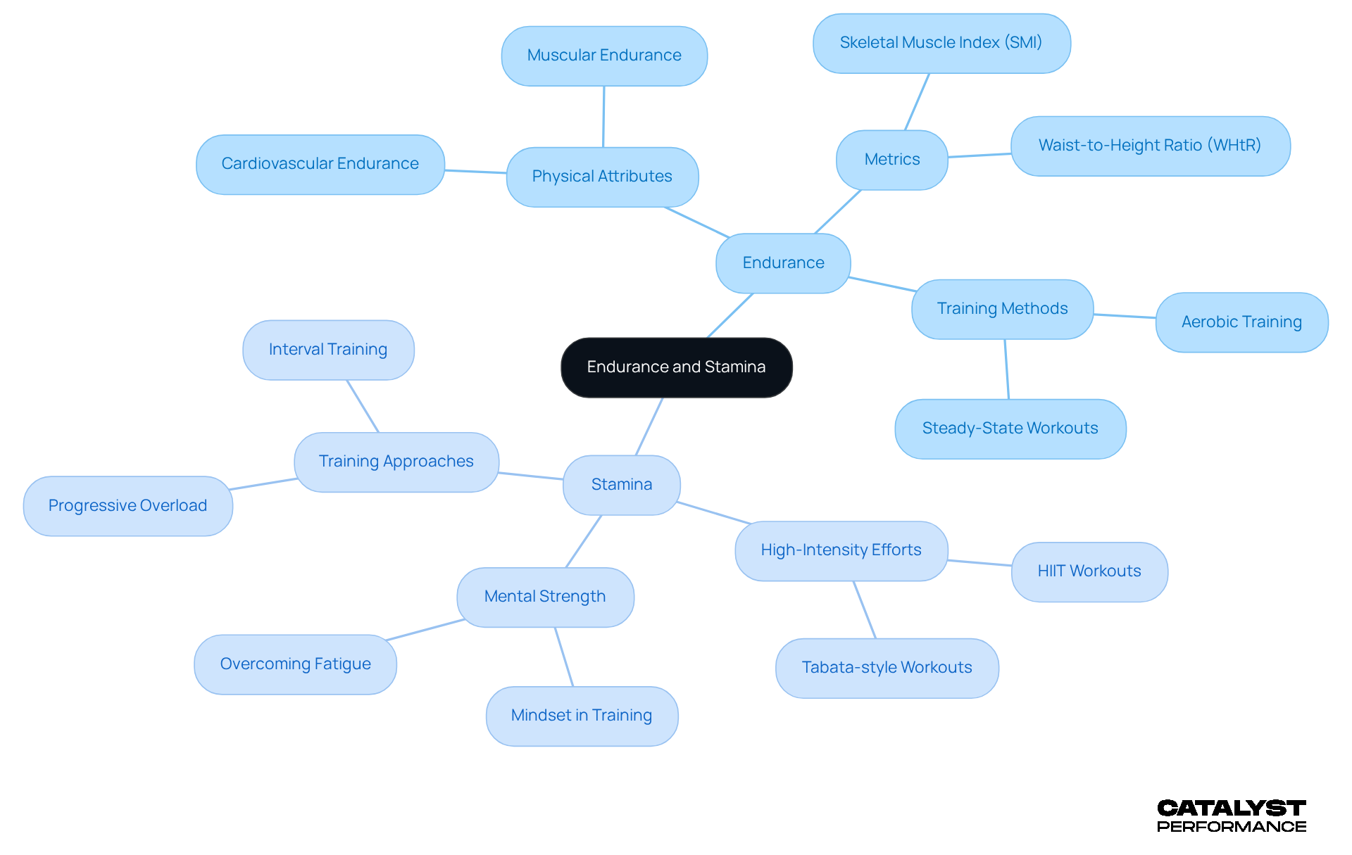 The central node represents the main topic, while the branches show different aspects of endurance and stamina. Each sub-branch provides more detail, helping you see how these concepts relate to fitness and training.