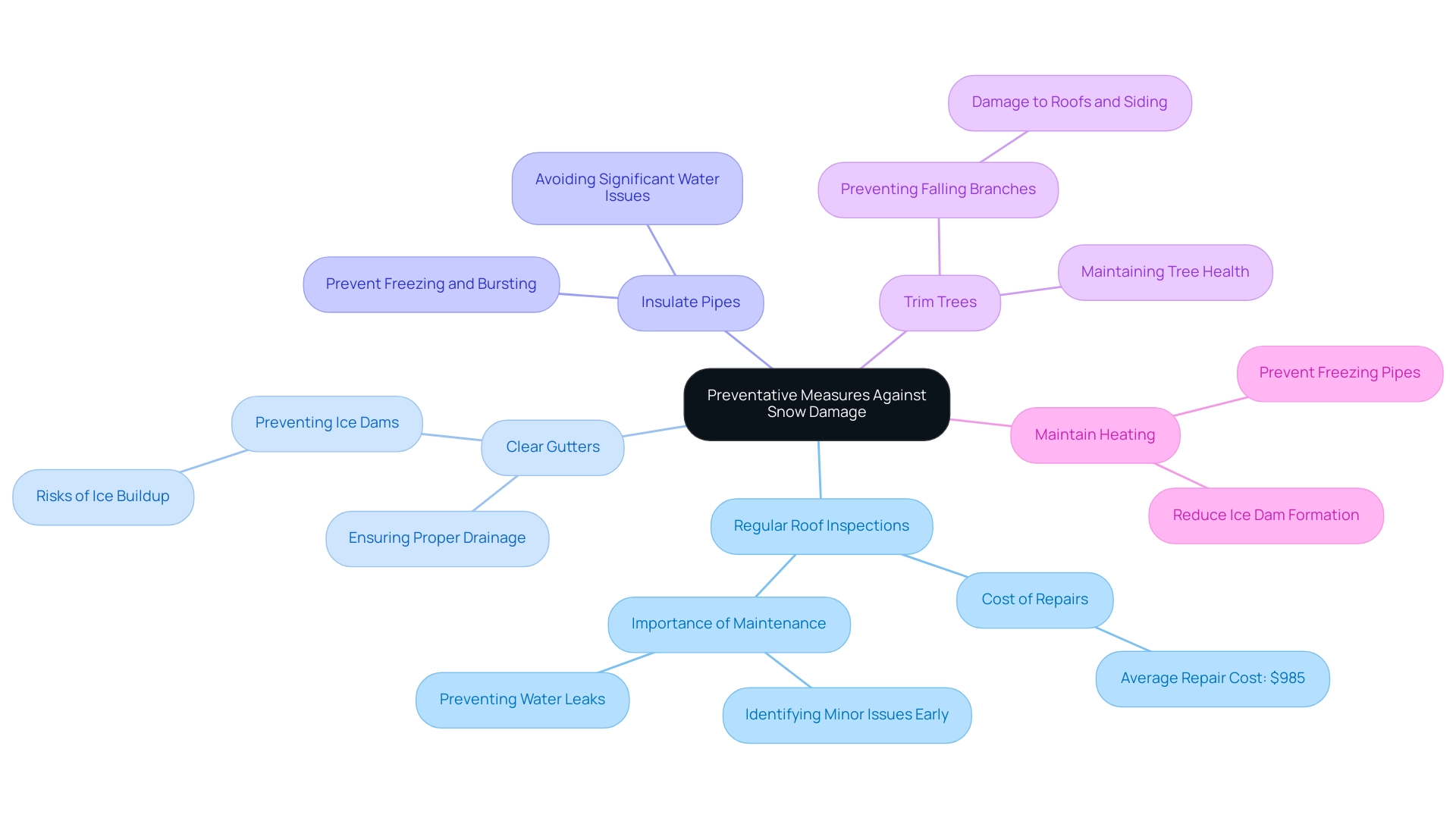 Each branch represents a preventative measure, with color coding to differentiate between types of actions taken to protect against snow damage.