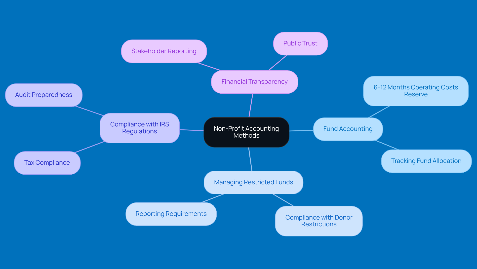 The center represents the main topic of non-profit accounting, while the branches show different areas of expertise and their importance. Each sub-branch provides additional details or benefits related to that area. The center represents the main topic of non-profit accounting, while the branches show different areas of expertise and their importance. Each sub-branch provides additional details or benefits related to that area.