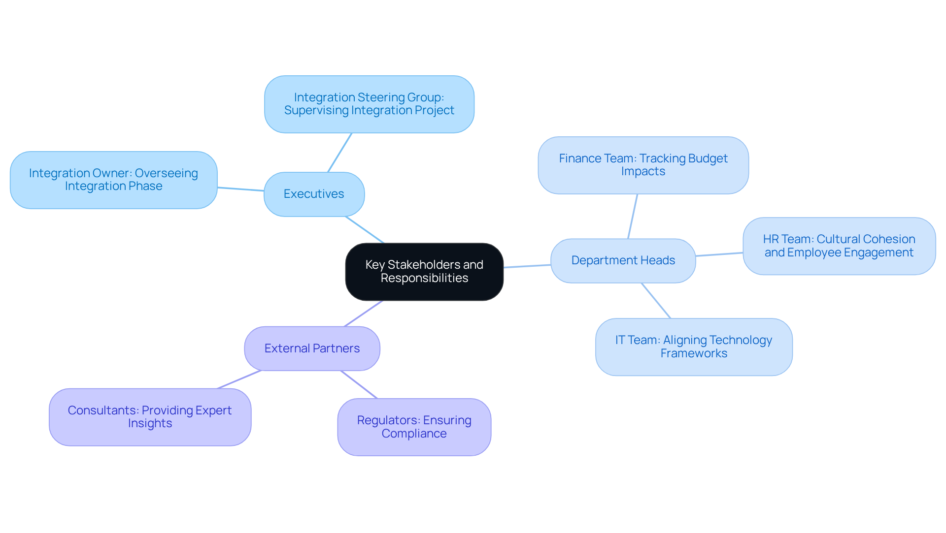 This mindmap shows the key players involved in the implementation process. Each branch represents a group of stakeholders, and the sub-branches detail their specific responsibilities. This visual helps everyone understand who is involved and what they need to do for a successful integration.
