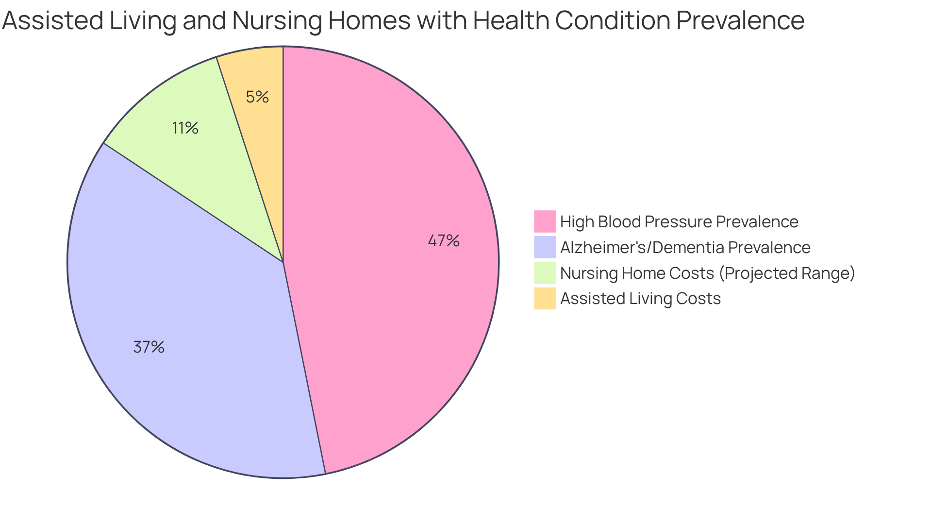 This chart shows the average monthly costs for assisted living and nursing homes, along with the prevalence of certain health conditions among residents. Larger slices indicate higher costs or more common health issues. This chart shows the average monthly costs for assisted living and nursing homes, along with the prevalence of certain health conditions among residents. Larger slices indicate higher costs or more common health issues.