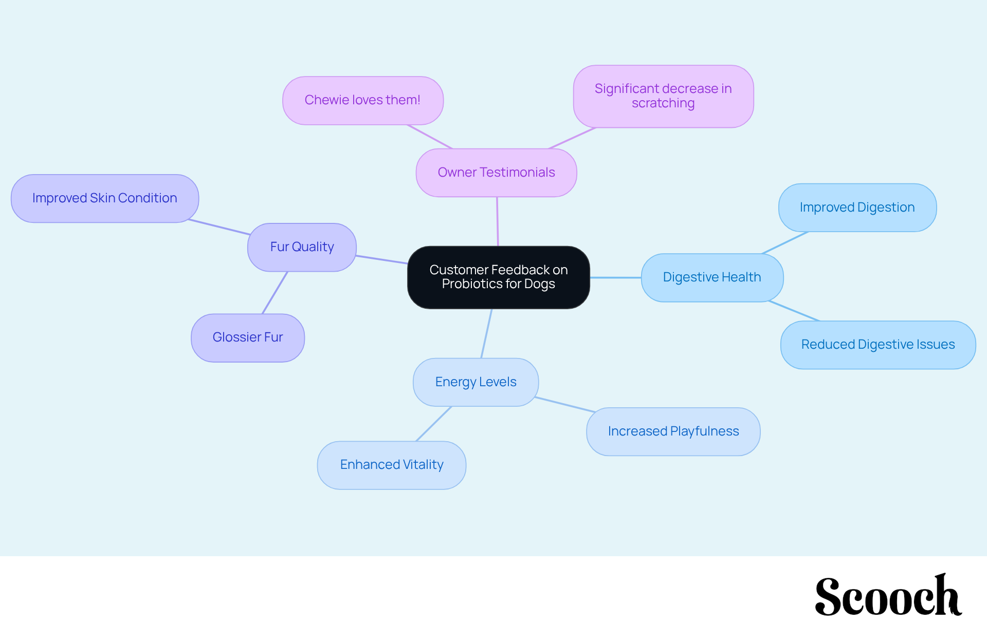 The center of the mindmap represents the overall topic of customer feedback on dog probiotics. Each branch shows different areas of improvement noted by dog owners, with sub-branches providing specific examples or testimonials.