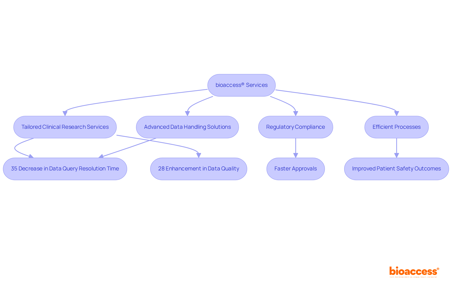 The flowchart shows how different services connect and lead to improved ICSR management. Each box represents a key area, and the arrows indicate the flow of processes leading to important outcomes like faster approvals and better data quality.