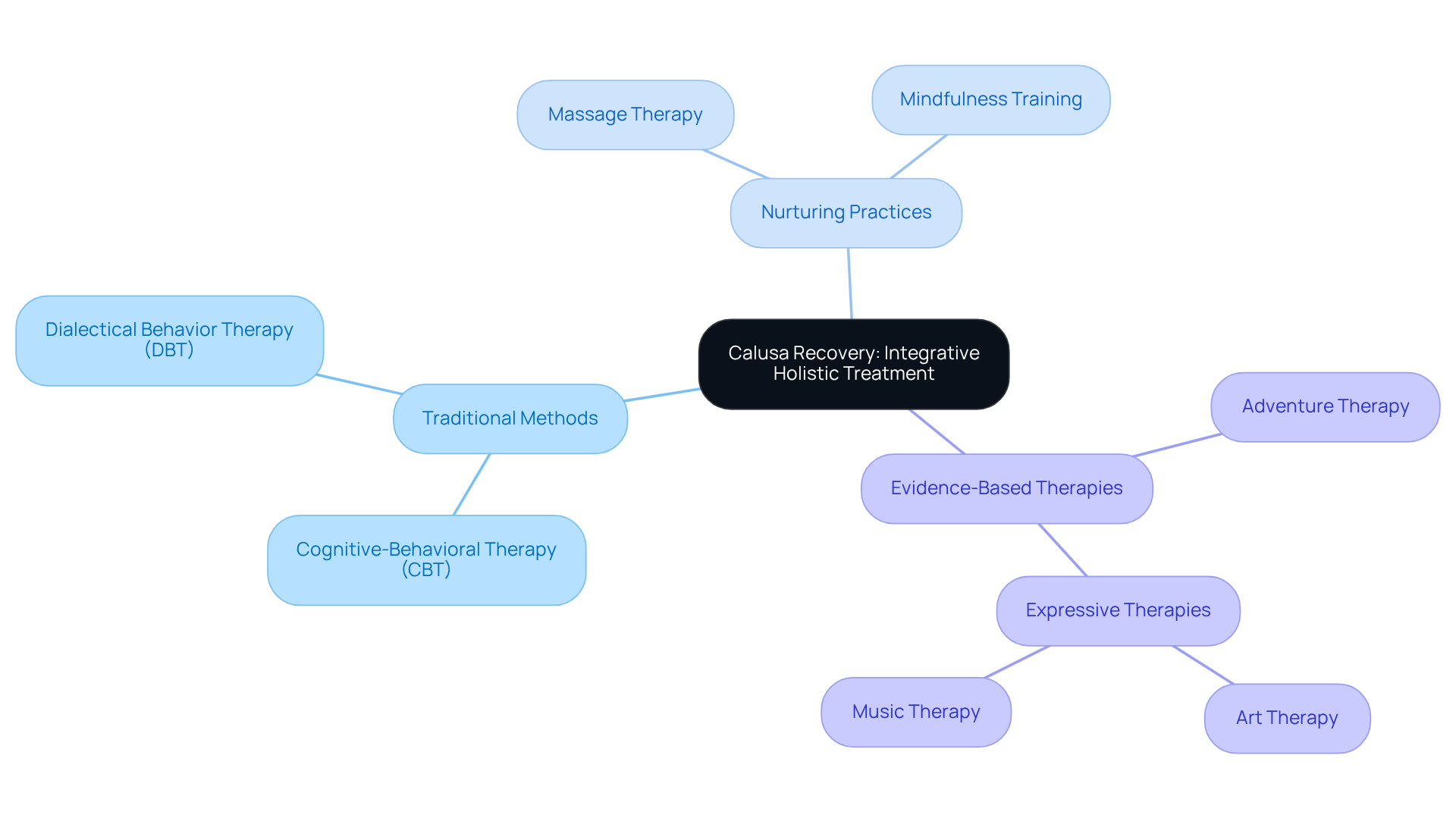 The central node represents the holistic treatment approach. Each branch shows different aspects of the treatment, illustrating how they connect to the overall goal of recovery and well-being. The colors help differentiate between traditional methods, nurturing practices, and evidence-based therapies.
