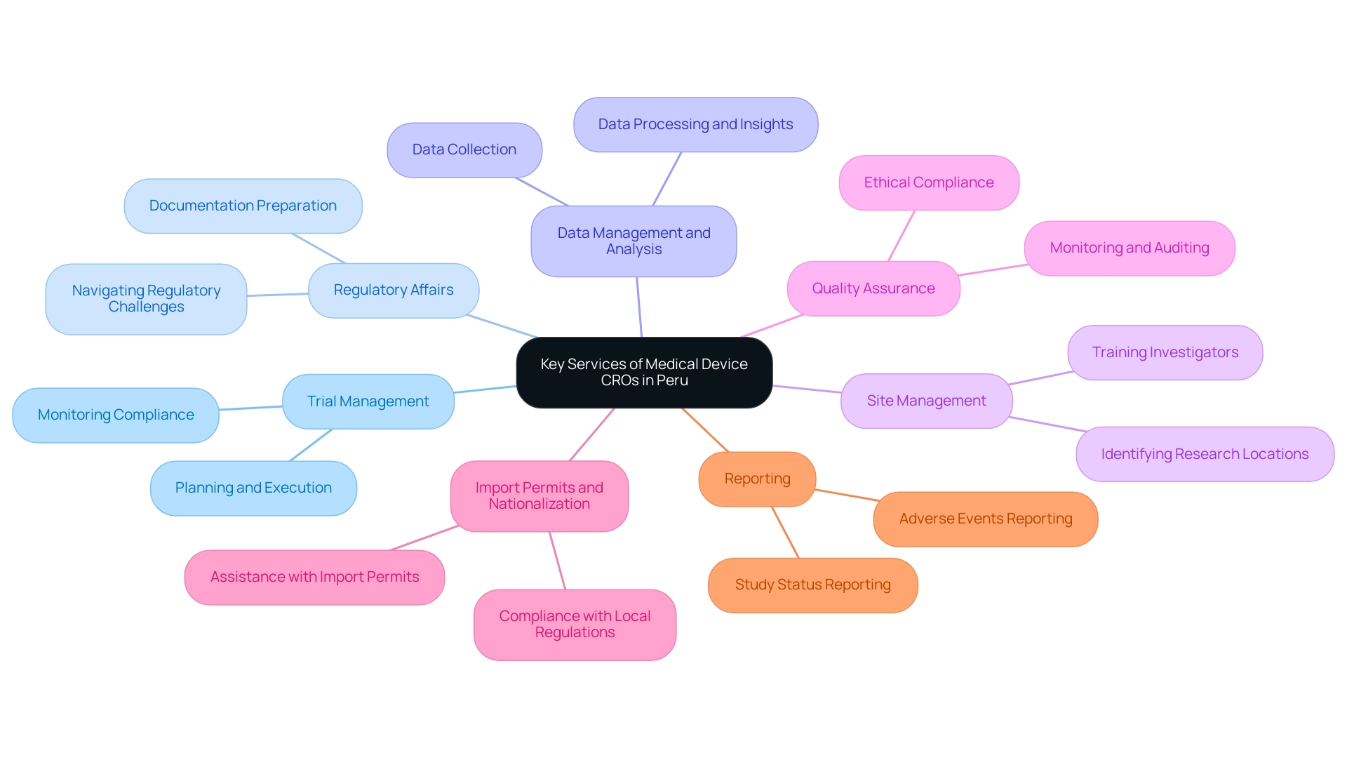 Each branch represents a key service offered by CROs, with colors differentiating each service category.