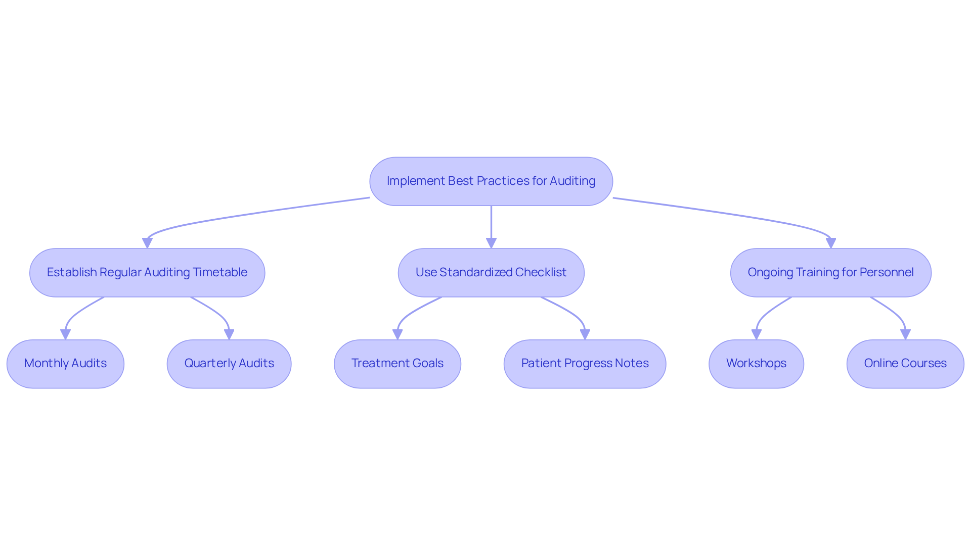 Follow the arrows to see the steps organizations should take for effective auditing. Each box represents a key action or component in the auditing process, helping to ensure thorough and accurate documentation.