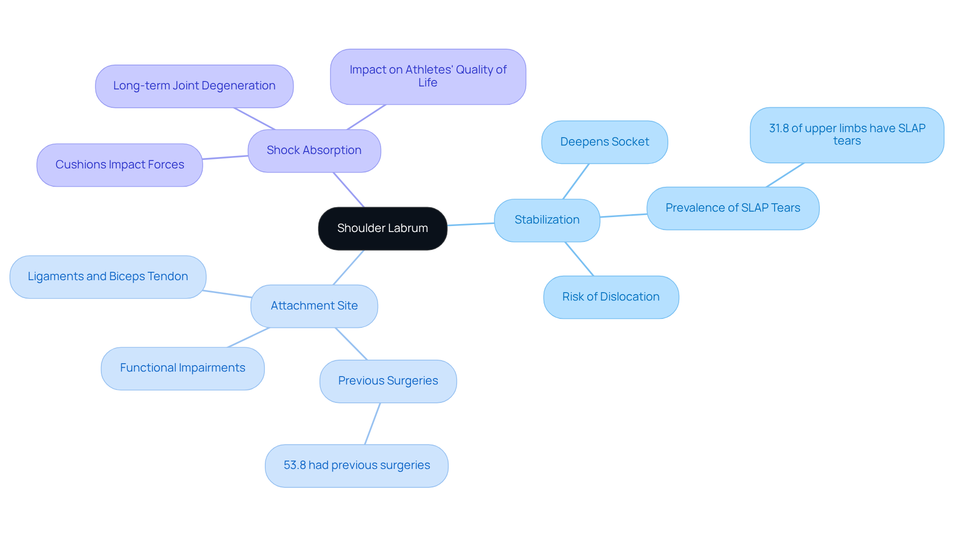 The central node represents the shoulder labrum, while the branches show its key functions. Each sub-branch provides important details and statistics, helping you understand the labrum's critical role in shoulder health.