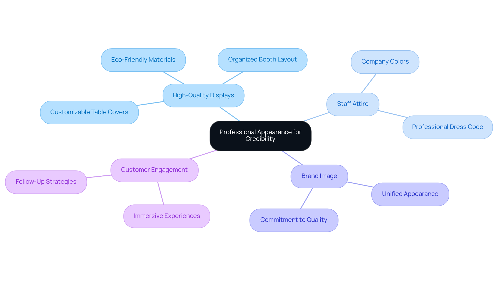 Begin at the center with the main theme of professionalism, then explore each branch to see how different strategies contribute to building credibility and attracting customers.