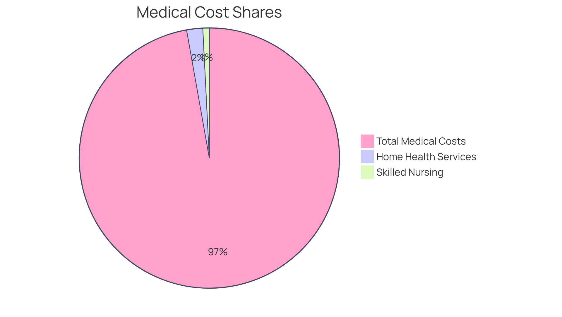 This pie chart shows how different types of medical services contribute to total costs in workers compensation. The larger the slice, the more significant the share of that service in the overall expenses.