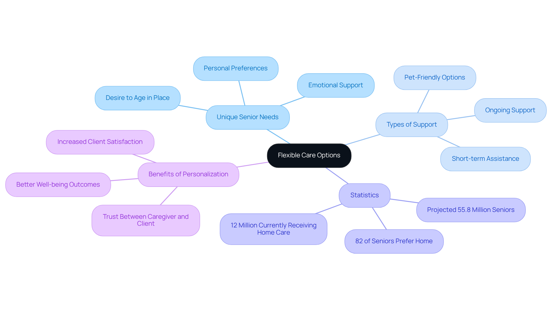 The central node represents the main theme of flexible care. Branches show the different aspects of these services, helping you see how they relate to meeting individual needs.