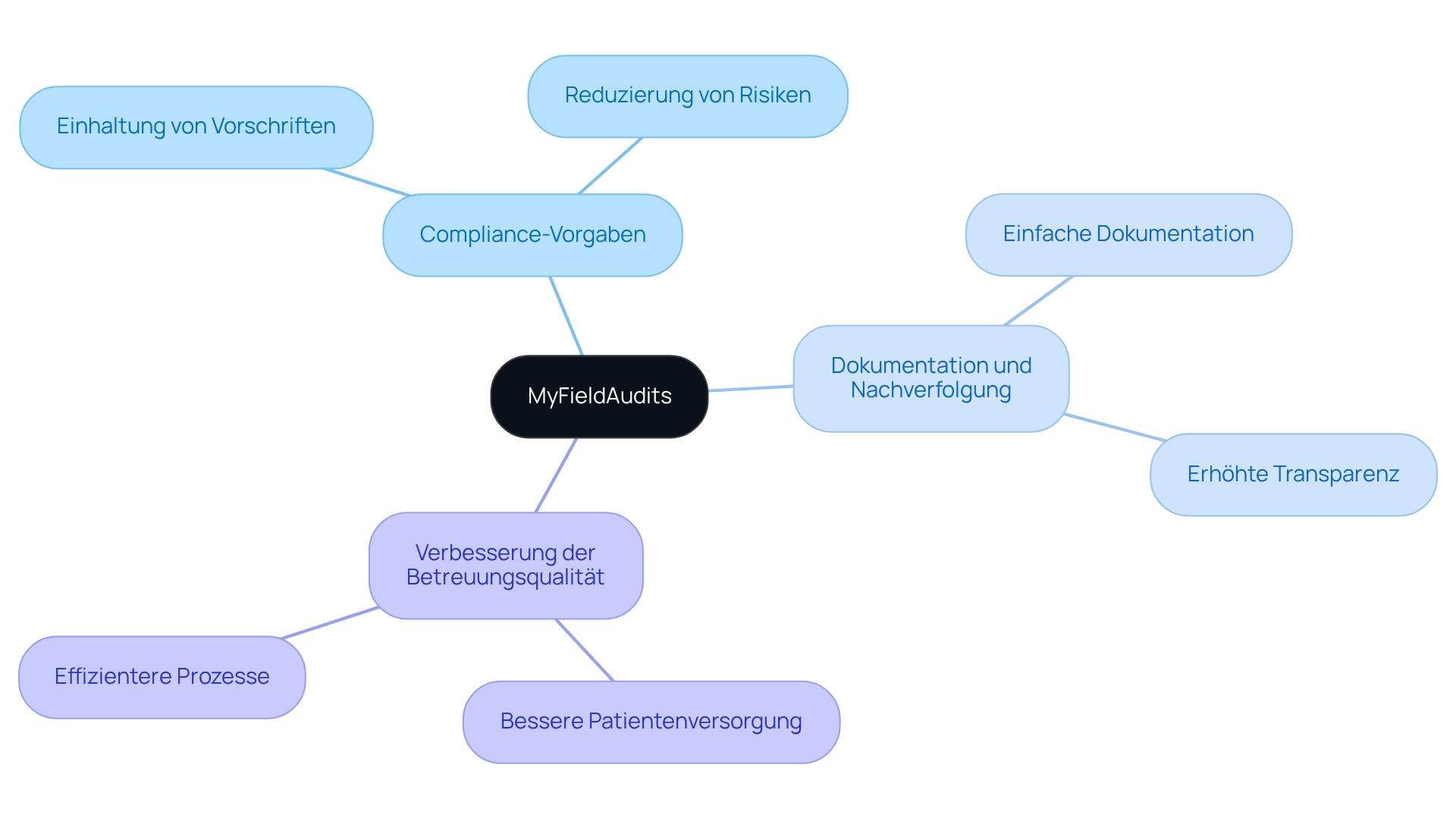 Im Zentrum steht die Software MyFieldAudits, von der aus verschiedene Aspekte der Compliance und der Betreuungsqualität abzweigen. Jede Farbe repräsentiert einen anderen Bereich, sodass Sie leicht erkennen können, wie die Software verschiedene Herausforderungen im Gesundheitswesen adressiert.
