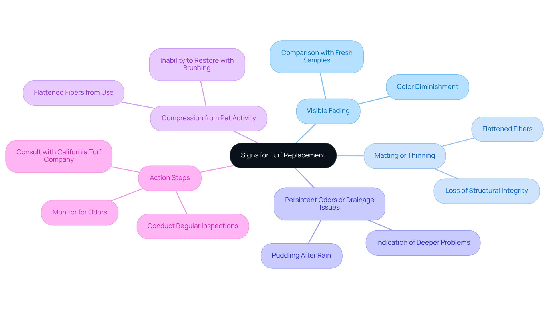 The central node represents the main topic, while the branches show different signs of wear and necessary actions. Each color-coded branch helps you quickly identify key areas to focus on for maintaining your synthetic turf.