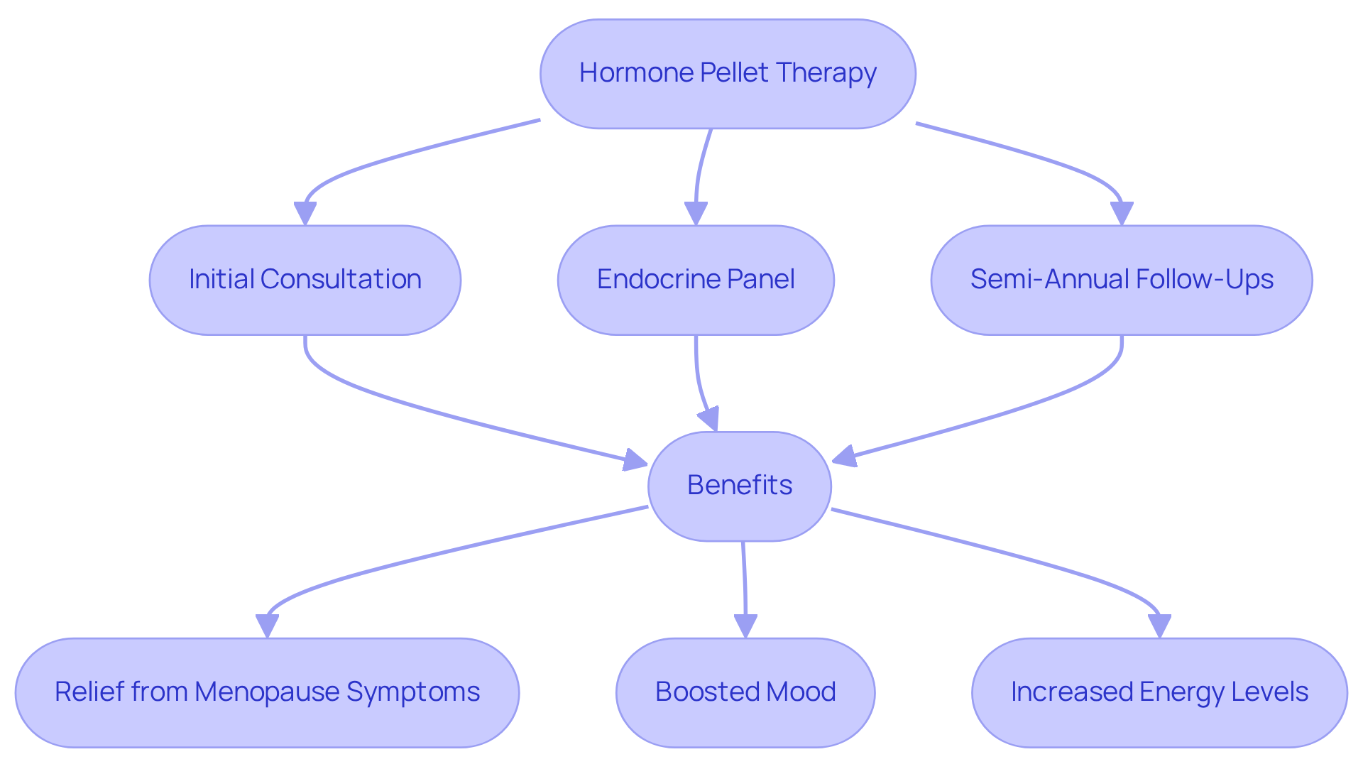 Follow the arrows to see the steps involved in hormone pellet therapy and how each service contributes to your overall wellness.