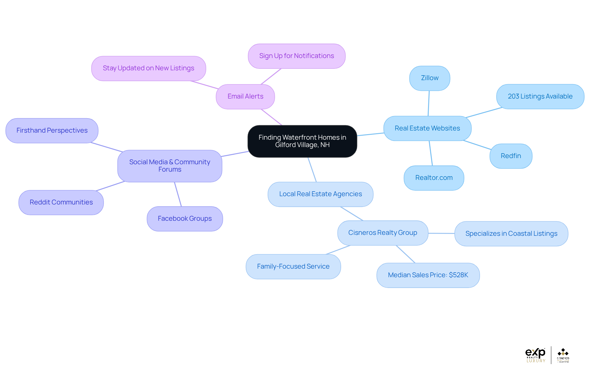 Start at the center with the main goal of finding a home, then explore each branch to see different resources that can help you in your search. Each color represents a different type of resource, making it easy to follow.