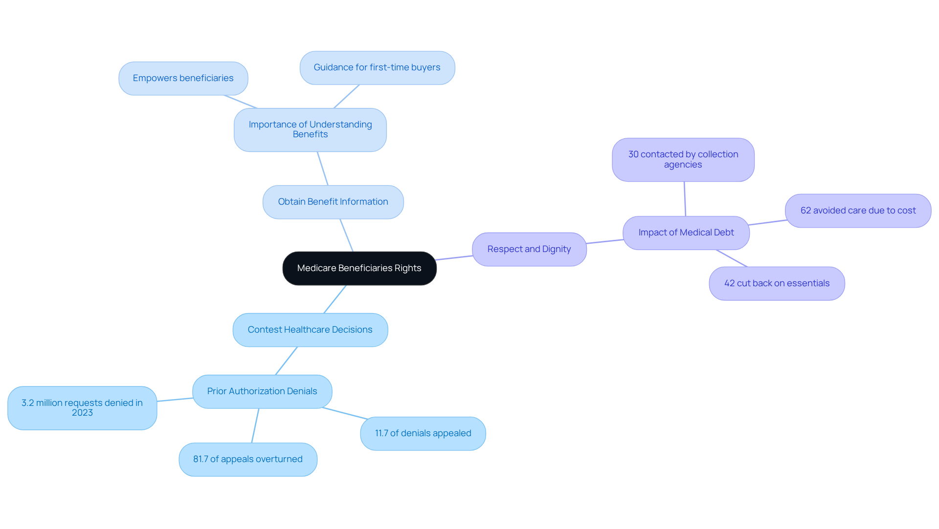 The central node represents the overarching theme of rights for Medicare beneficiaries, with branches detailing specific rights and important statistics. Each branch illustrates different aspects of advocacy and support available to them.
