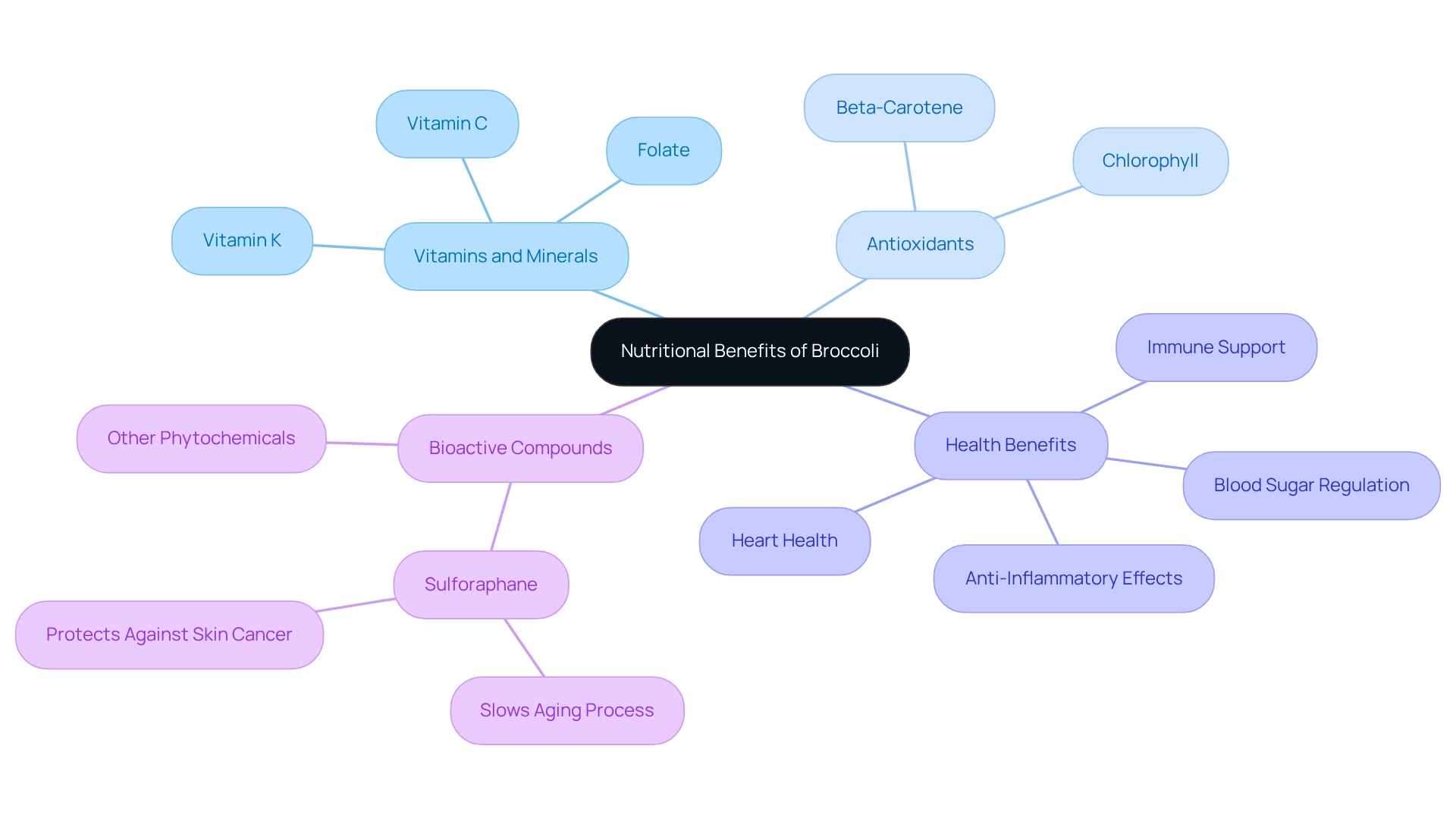 The central node represents the overall topic of broccoli's nutrition, while branches indicate the main categories of benefits. Follow the branches to discover detailed aspects and their relationships.