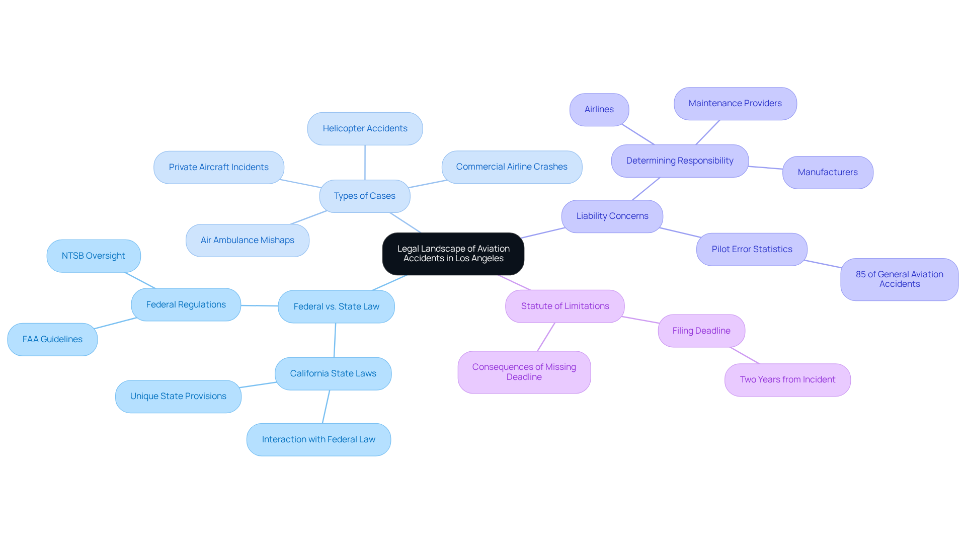 The central node represents the overall topic, while the branches show the key areas of consideration. Each sub-branch provides more detail, helping you navigate the complexities of aviation law.