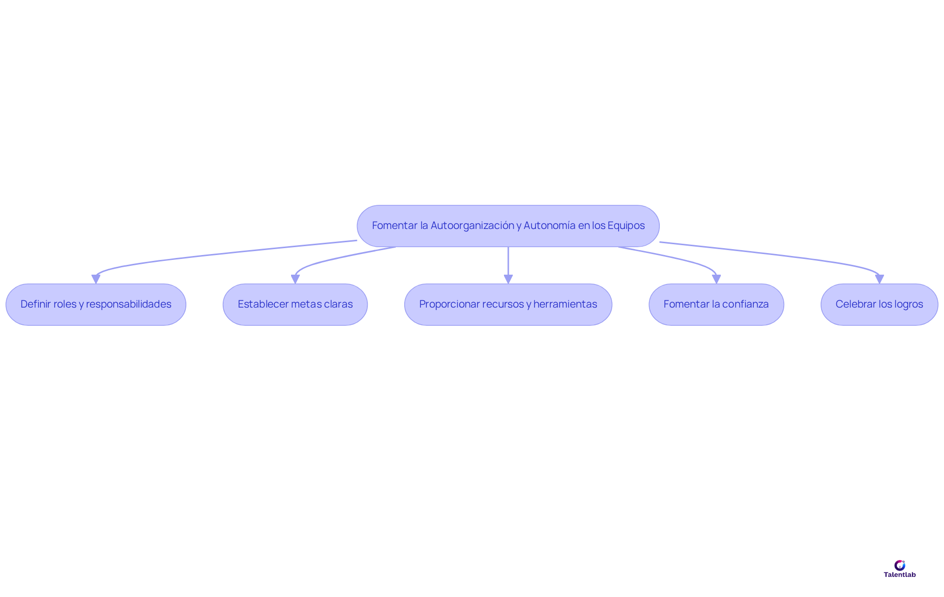 Cada cuadro representa una estrategia que ayuda a los equipos a ser más autoorganizados. Sigue las flechas para ver cómo cada estrategia se conecta y contribuye al objetivo de mejorar el rendimiento organizacional.