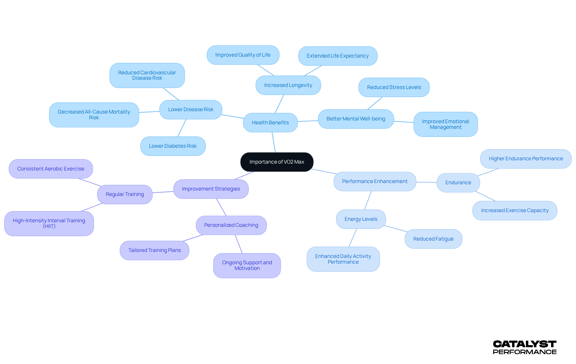 This mindmap shows how VO2 max connects to various aspects of health and performance. Each branch represents a different area of focus, helping you see the big picture of why improving your VO2 max is essential.