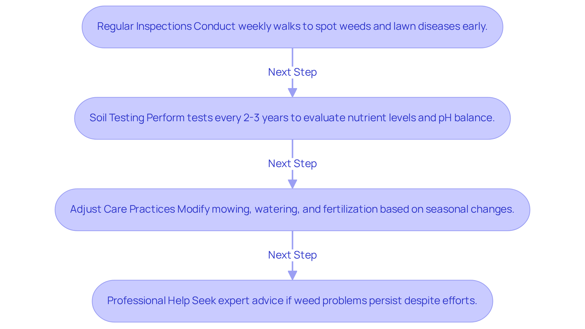 Follow the arrows to see the steps you can take for a healthy lawn. Each box represents an action you can take, starting from regular inspections to getting professional help if needed.
