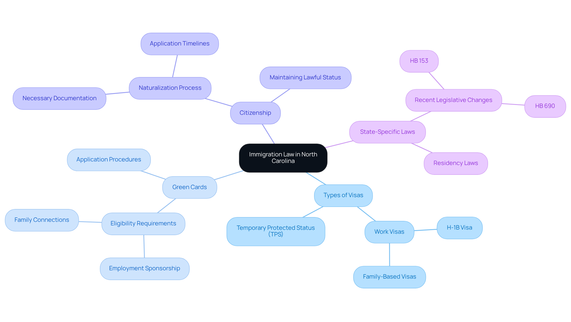 The central node represents the main topic of immigration law, while the branches show different areas of focus. Each sub-branch provides more detail about specific aspects, helping you understand the complexities of immigration in a structured way.