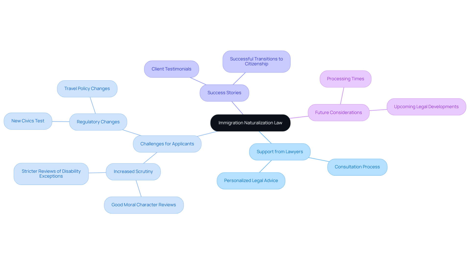 The central node represents the main topic, while the branches show different aspects of immigration law and the support available. Each branch highlights important areas to consider when navigating the naturalization process.