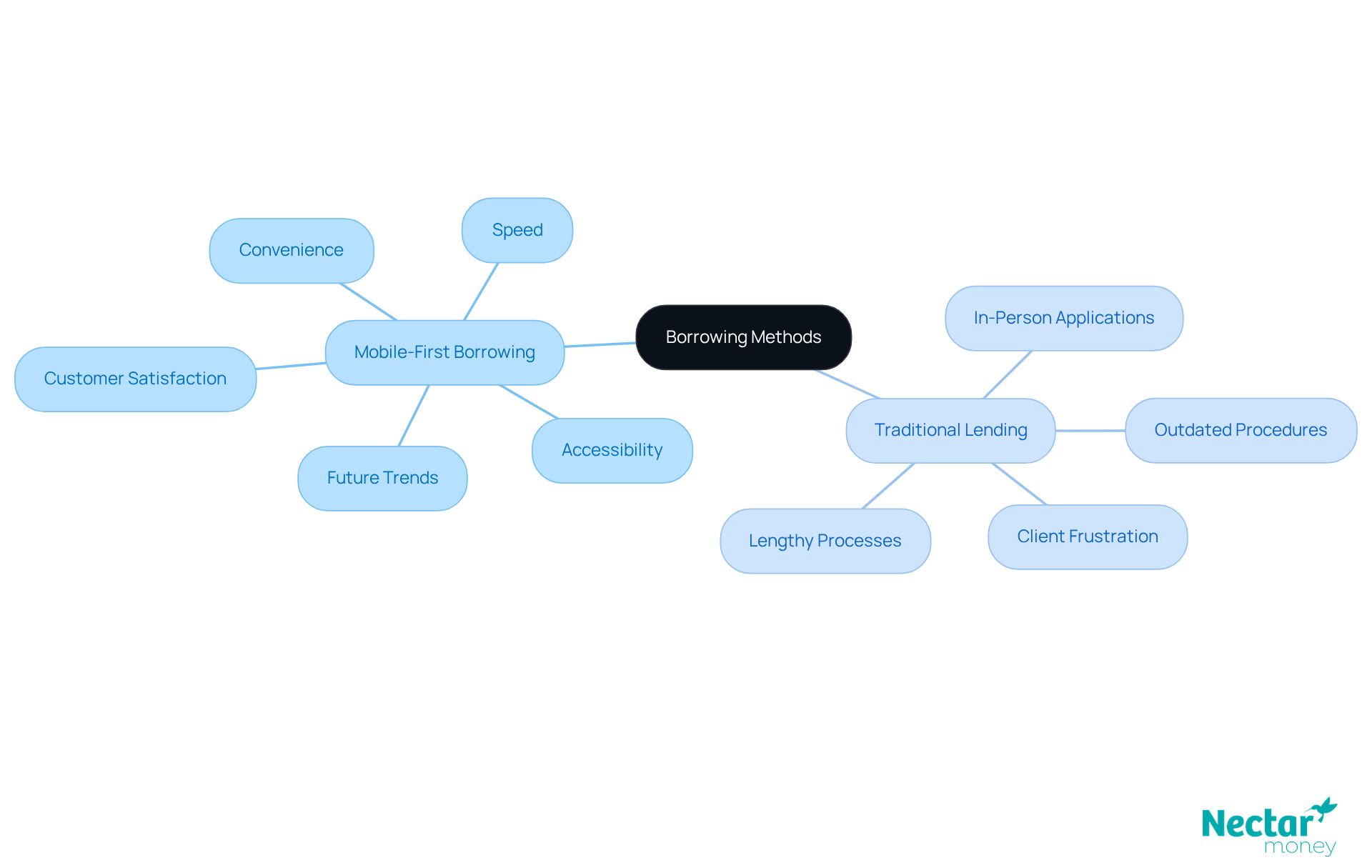 The mindmap starts with the main topic in the center, branches out to two main types of borrowing, and further breaks down each type into key features and issues. Each colored branch represents a distinct category of information, making it easy to follow.