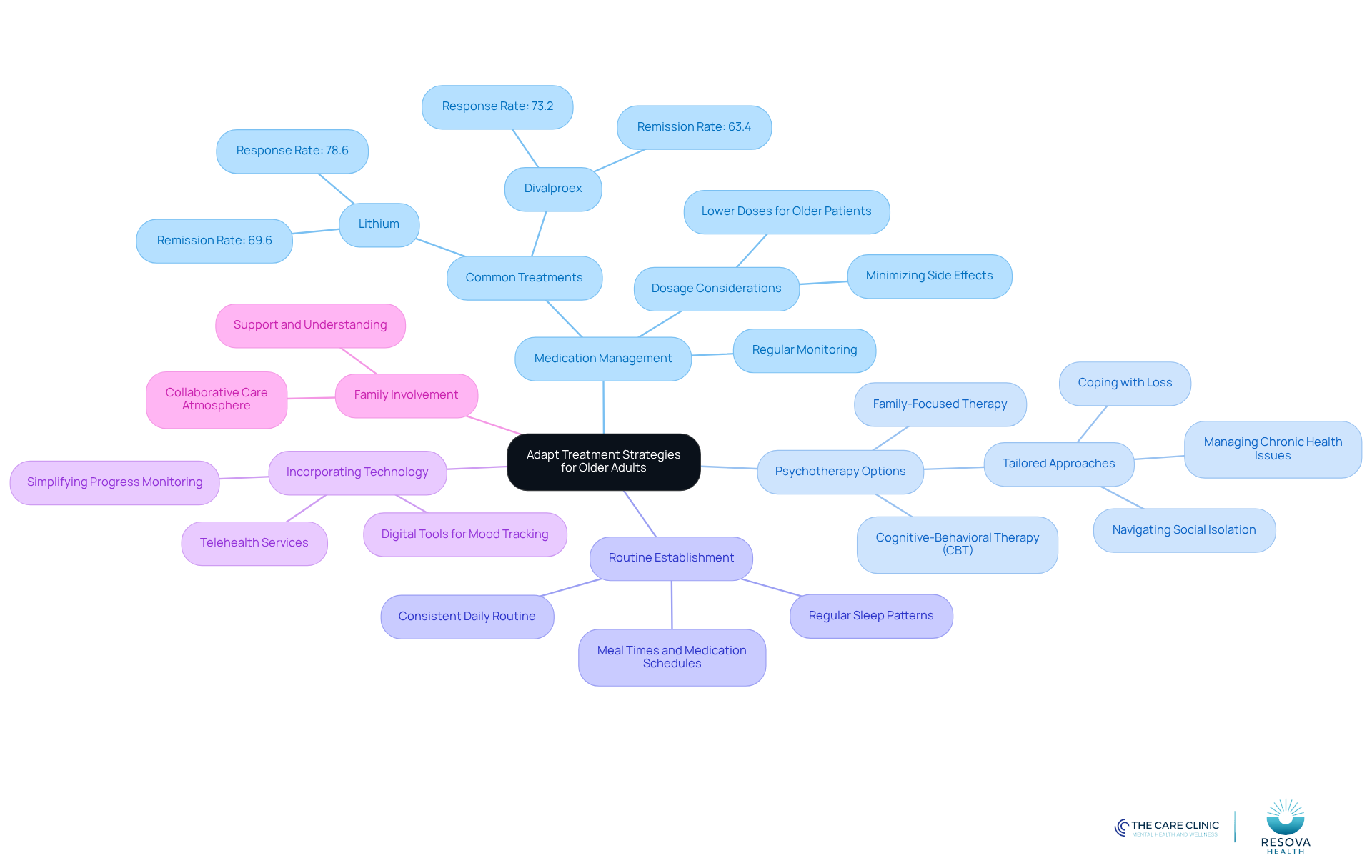 The central node represents the main topic, while the branches show different strategies. Each sub-branch provides specific details about that strategy, helping you understand how to approach treatment for older adults. The central node represents the main topic, while the branches show different strategies. Each sub-branch provides specific details about that strategy, helping you understand how to approach treatment for older adults.