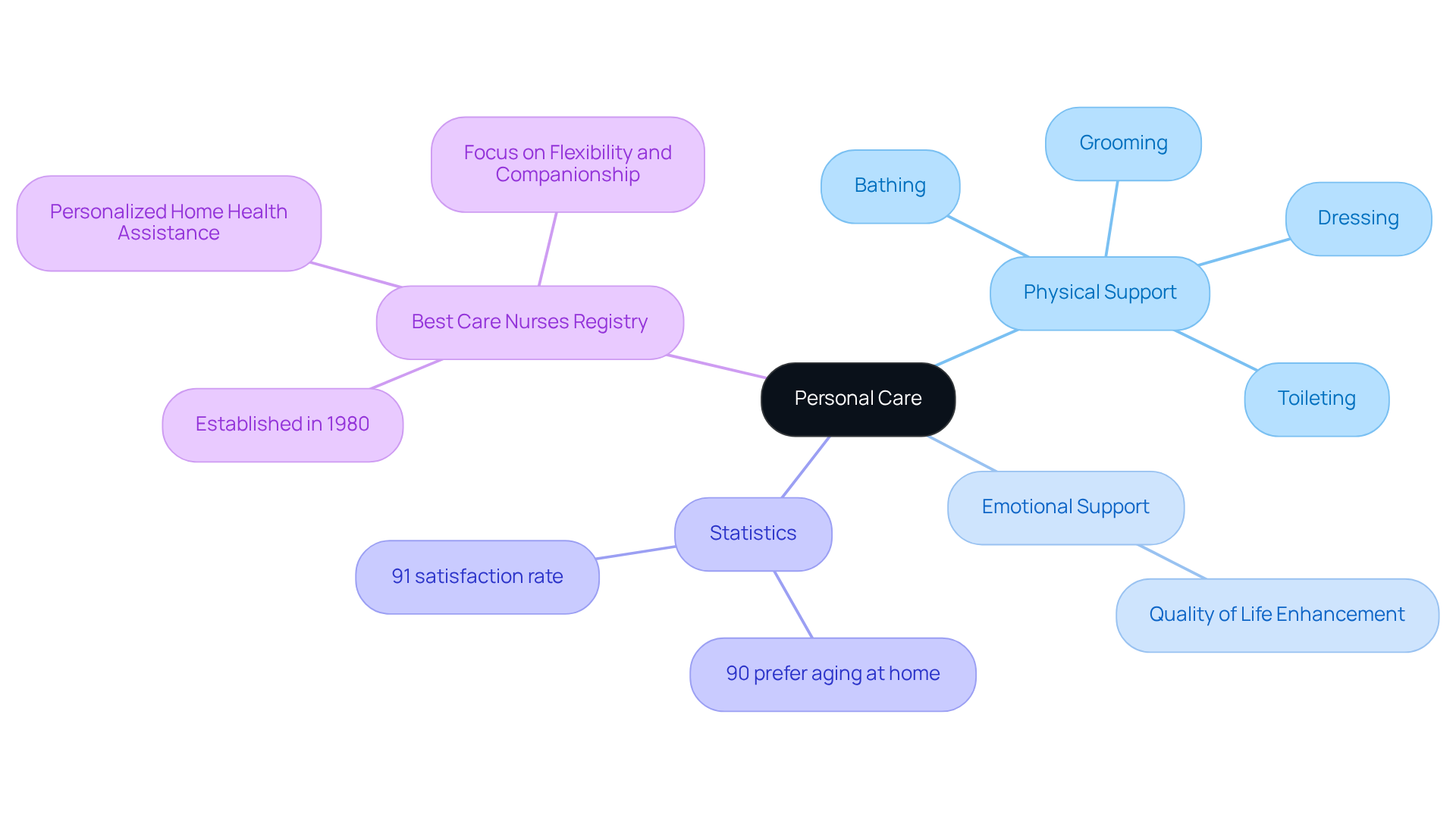 The center shows what personal care is about, and the branches detail different aspects, tasks, and statistics. Each color represents a different category for easy navigation.