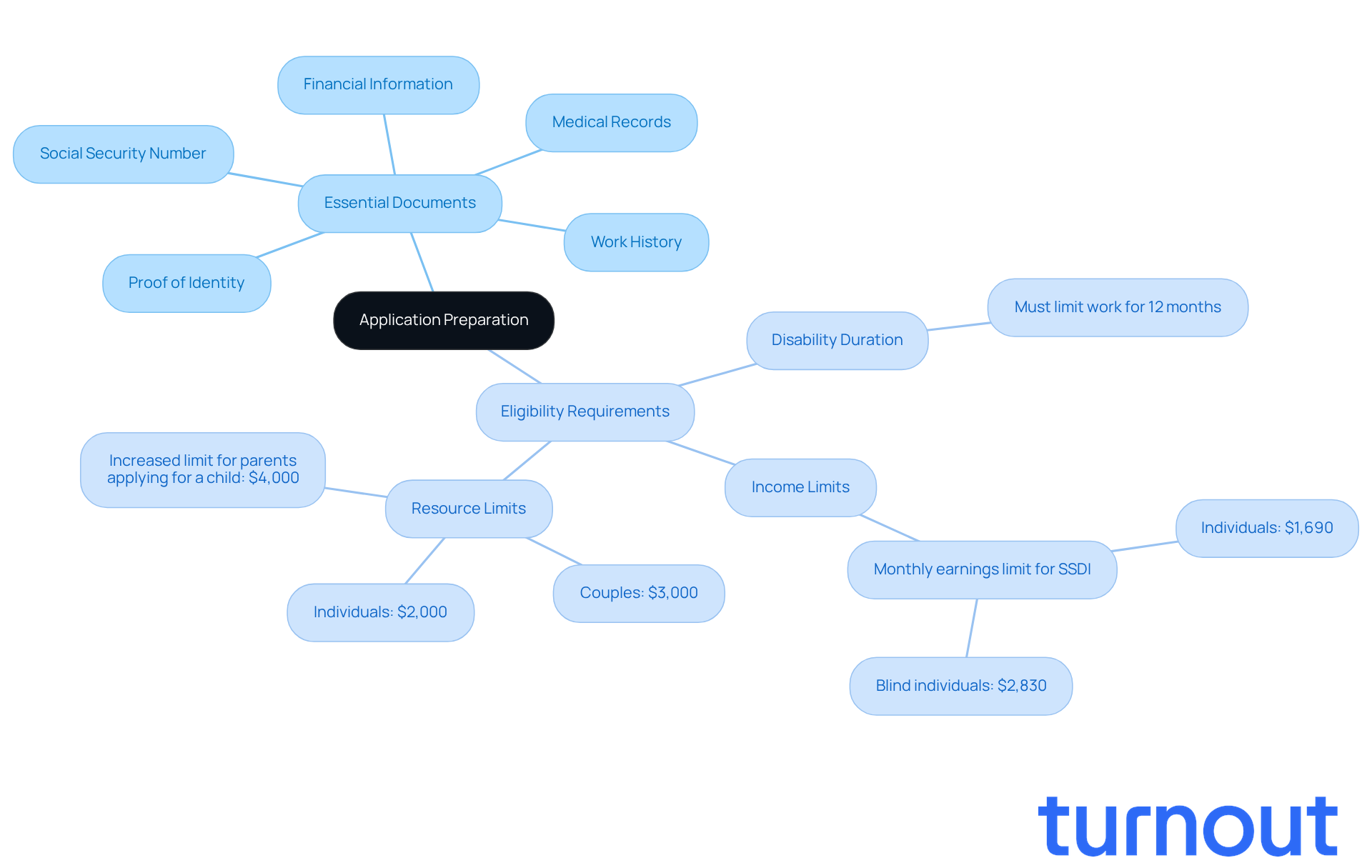 The center shows the main topic of preparing for your application. Follow the branches to see what documents you need and the eligibility criteria you must meet.