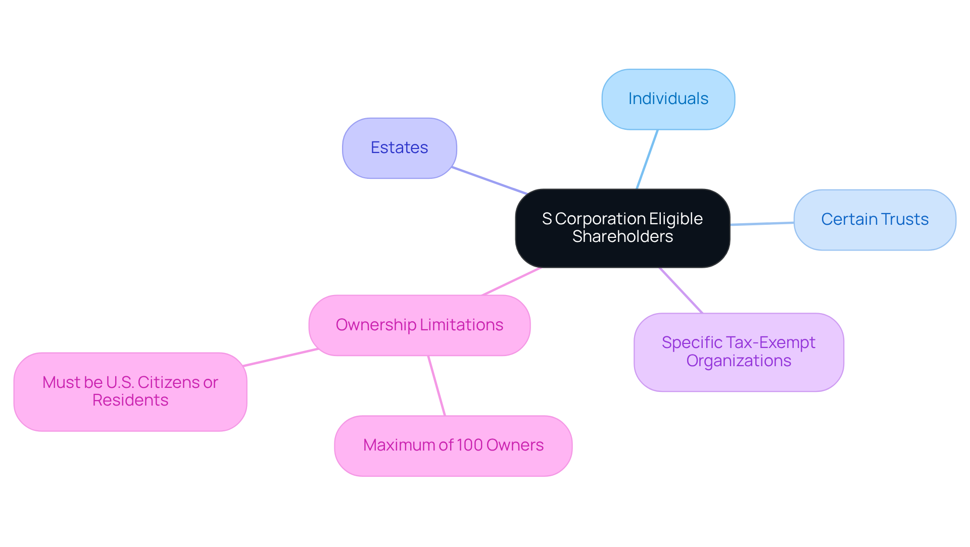 At the center, you'll find the main topic, then follow the branches to see each group of eligible shareholders. The colors help differentiate each category, making it easier to grasp the information at a glance.