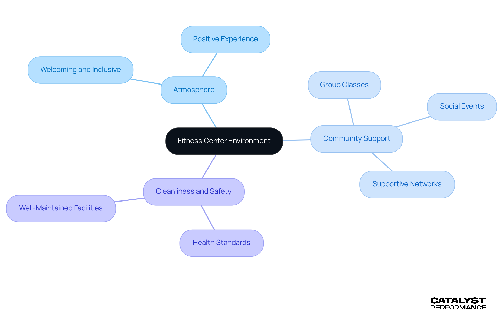 The center node represents the overall fitness center environment, while the branches show important factors to consider. Each sub-point provides specific details that contribute to your gym experience.