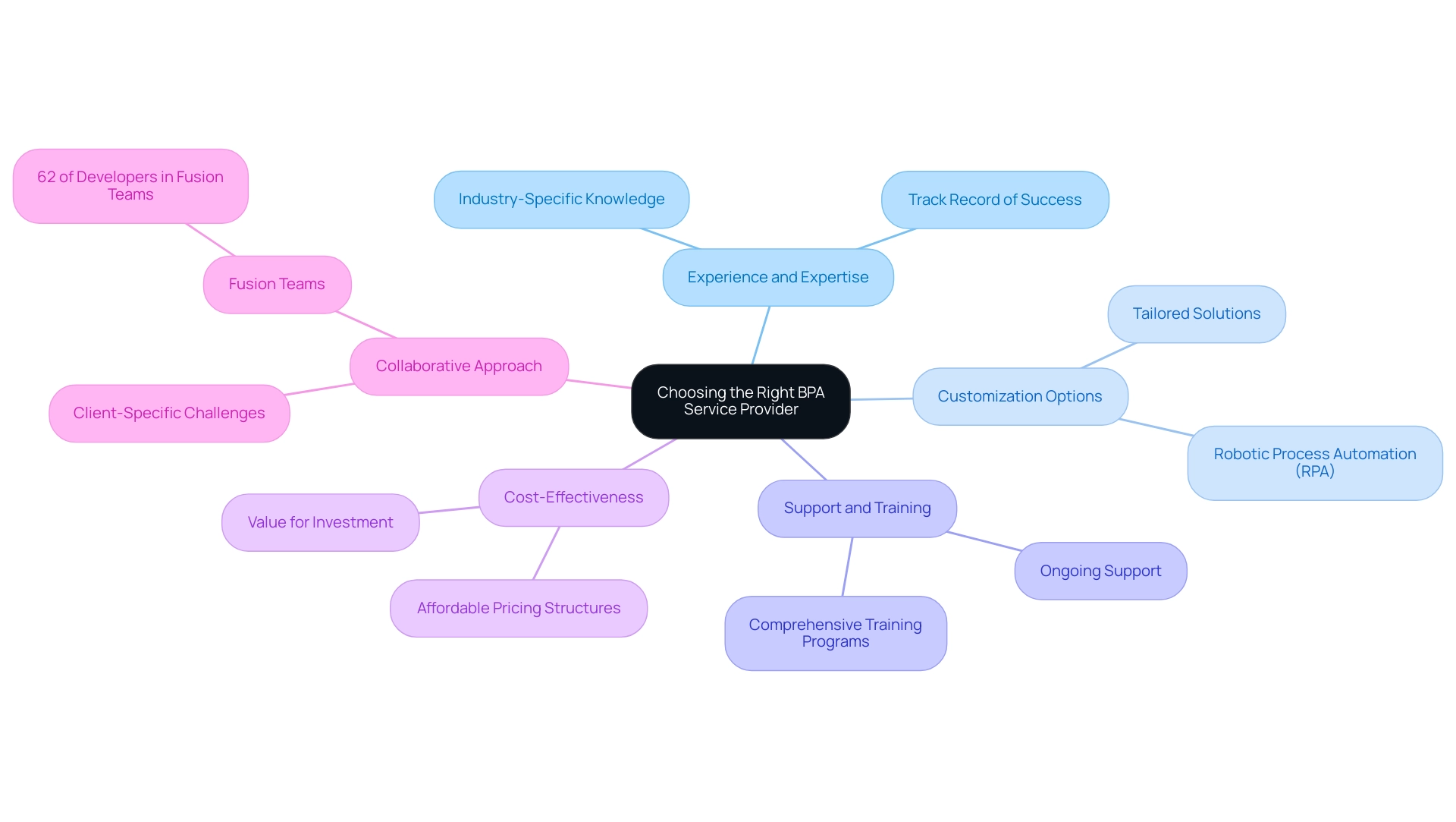 Each branch represents a key consideration in selecting a BPA service provider, with sub-branches providing additional details or examples related to each consideration.