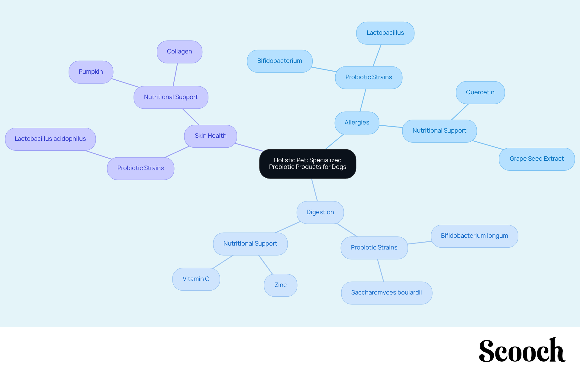 The center represents the overall theme of pet health. Each branch shows a specific health concern, and the sub-branches detail the probiotics and nutrients that offer solutions — this helps you see how everything connects. The center represents the overall theme of pet health. Each branch shows a specific health concern, and the sub-branches detail the probiotics and nutrients that offer solutions — this helps you see how everything connects.