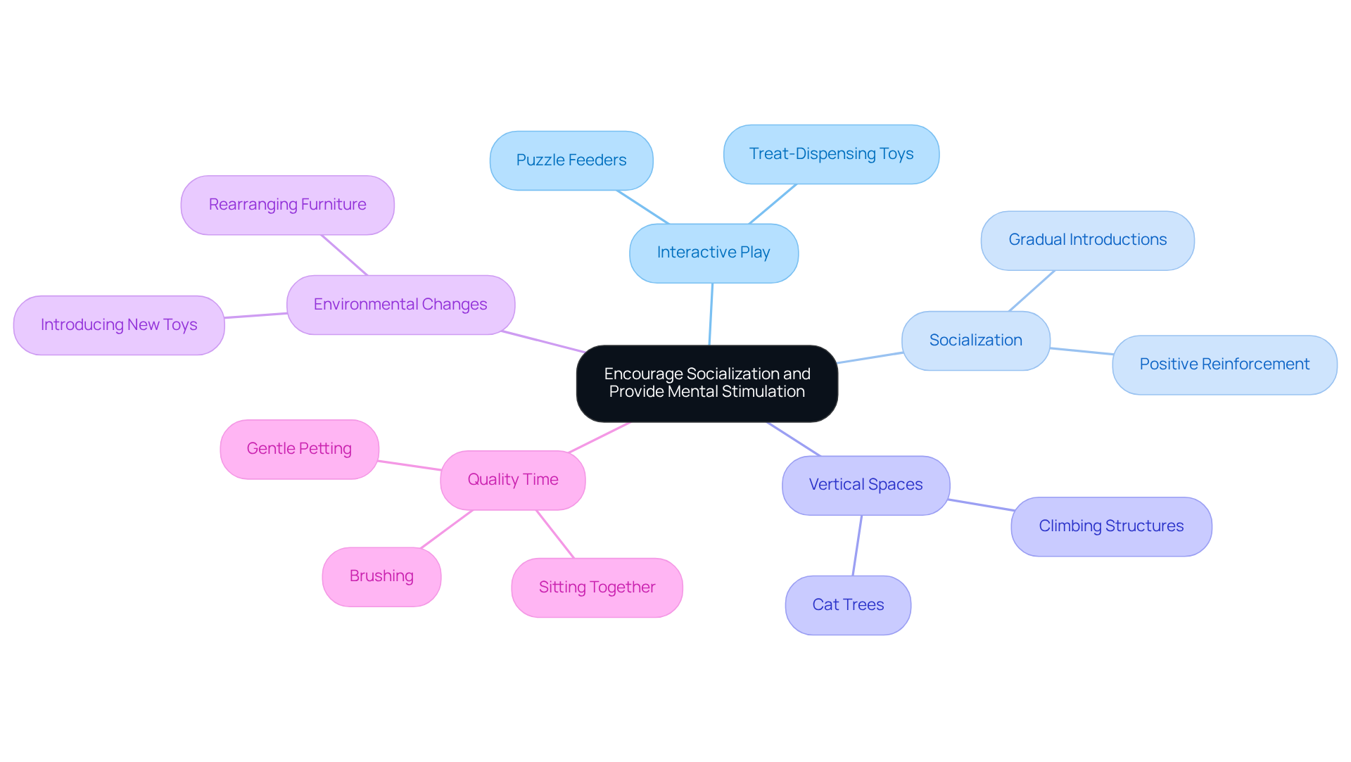 The central node represents the main goal. The branches show different strategies you can use to help your cat socialize and stay mentally stimulated. Each color-coded branch makes it easy to see the various approaches and how they contribute to your cat's well-being.