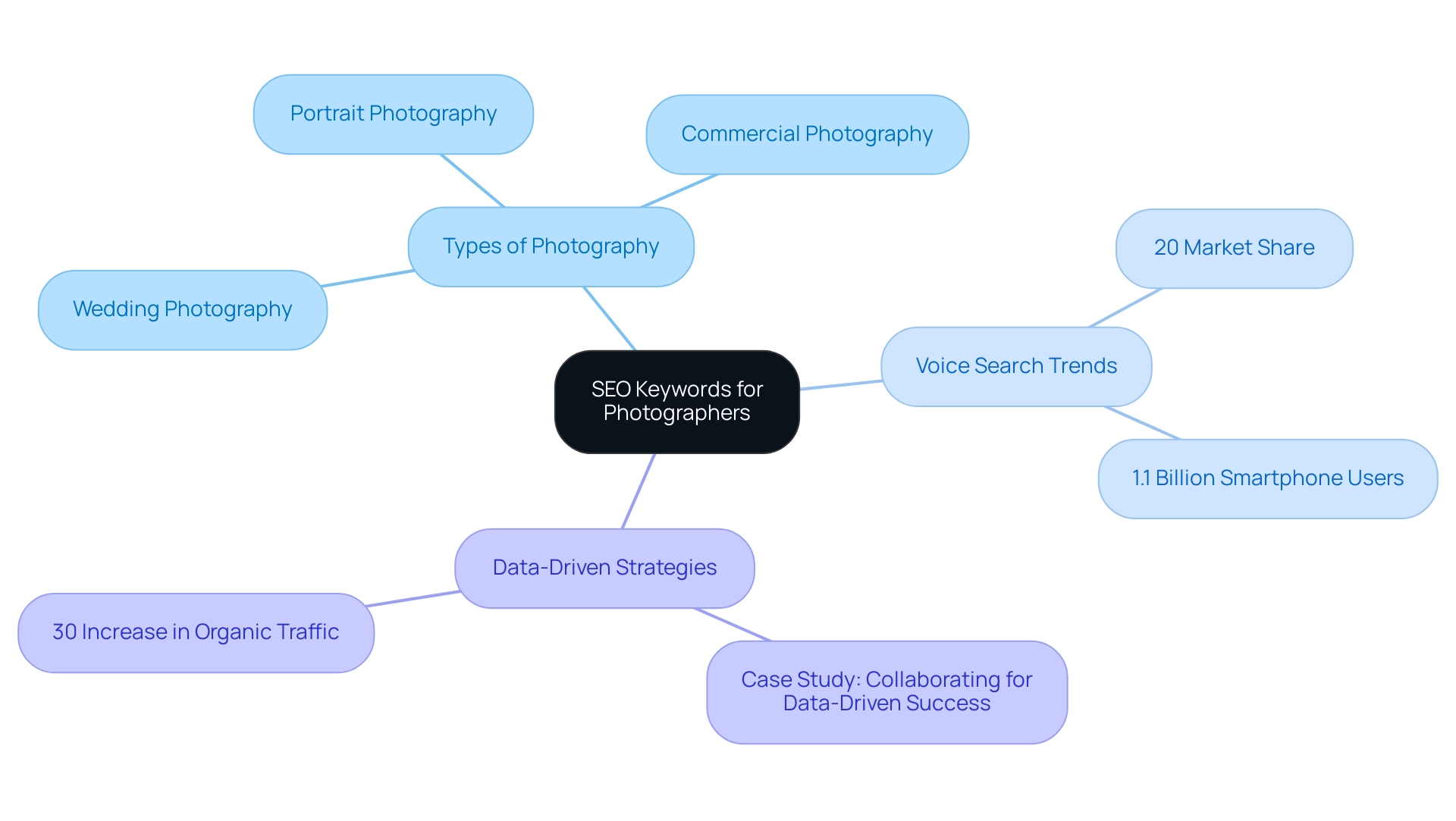 The central node represents the overarching topic of SEO keywords, with branches indicating categories and trends relevant to photography and SEO strategies.