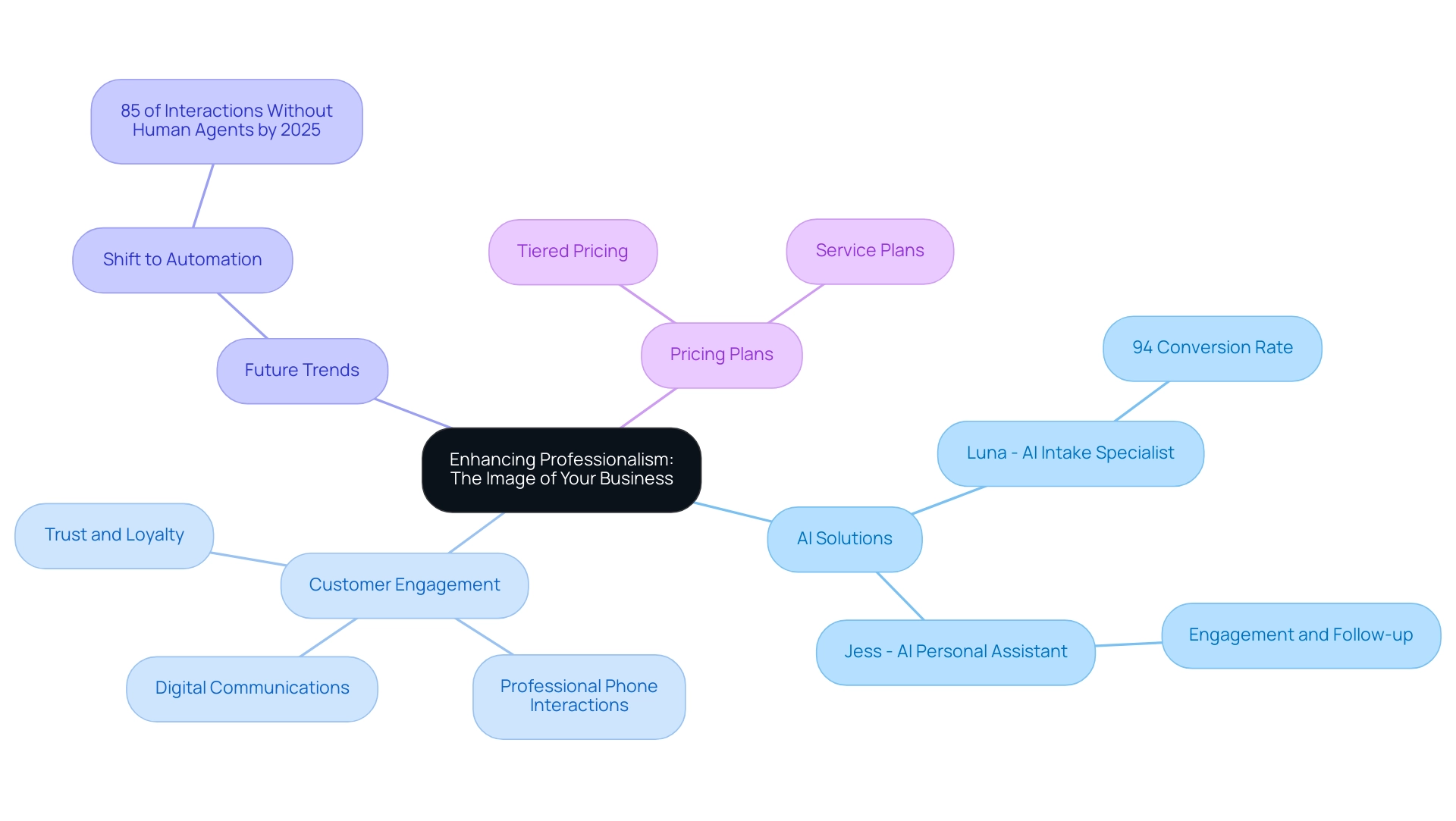 The central node represents the professional image of the business, with branches illustrating key themes and their interconnections.