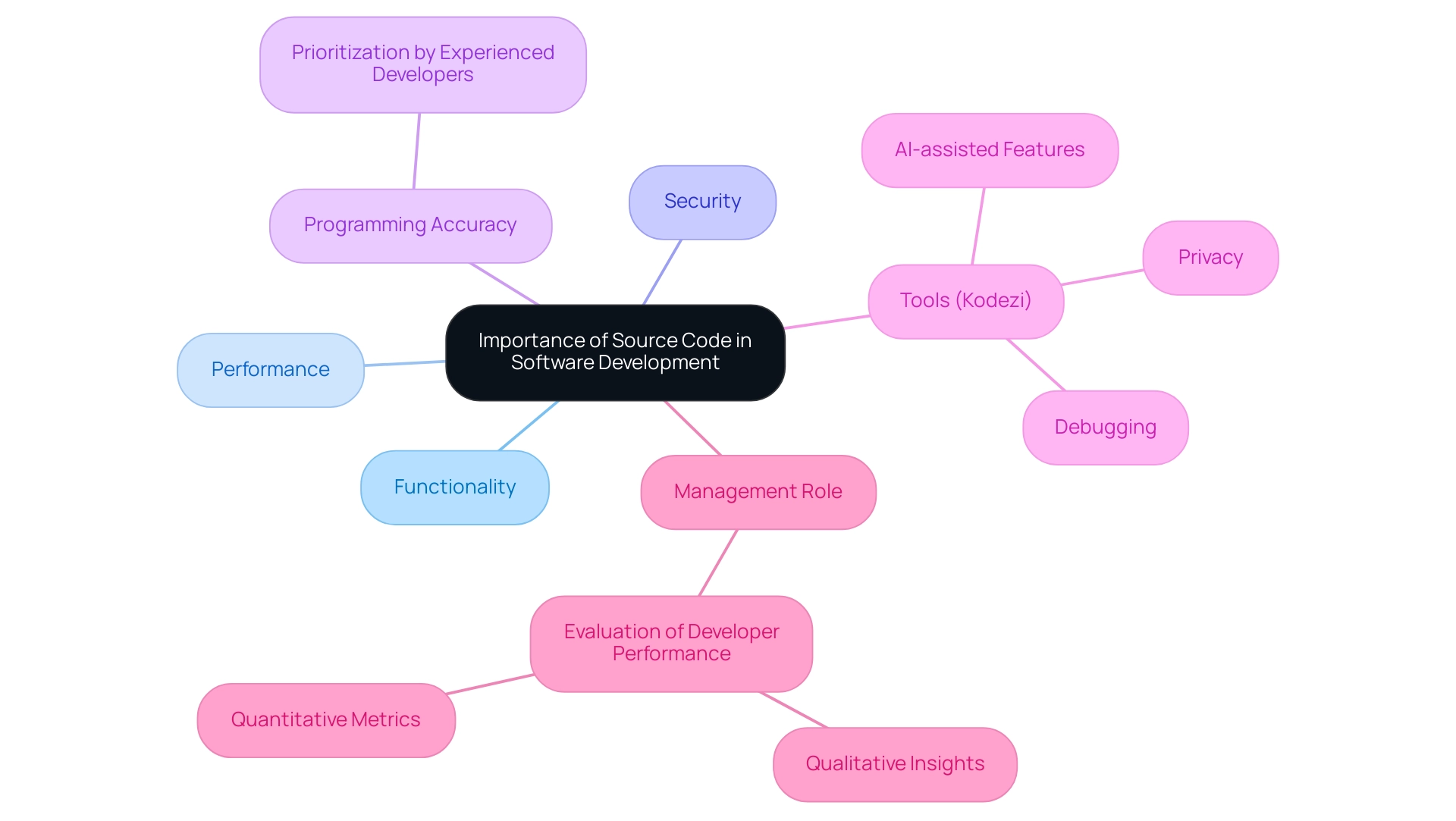 Each branch represents a key aspect of source code importance, with sub-branches detailing specific points related to that aspect.