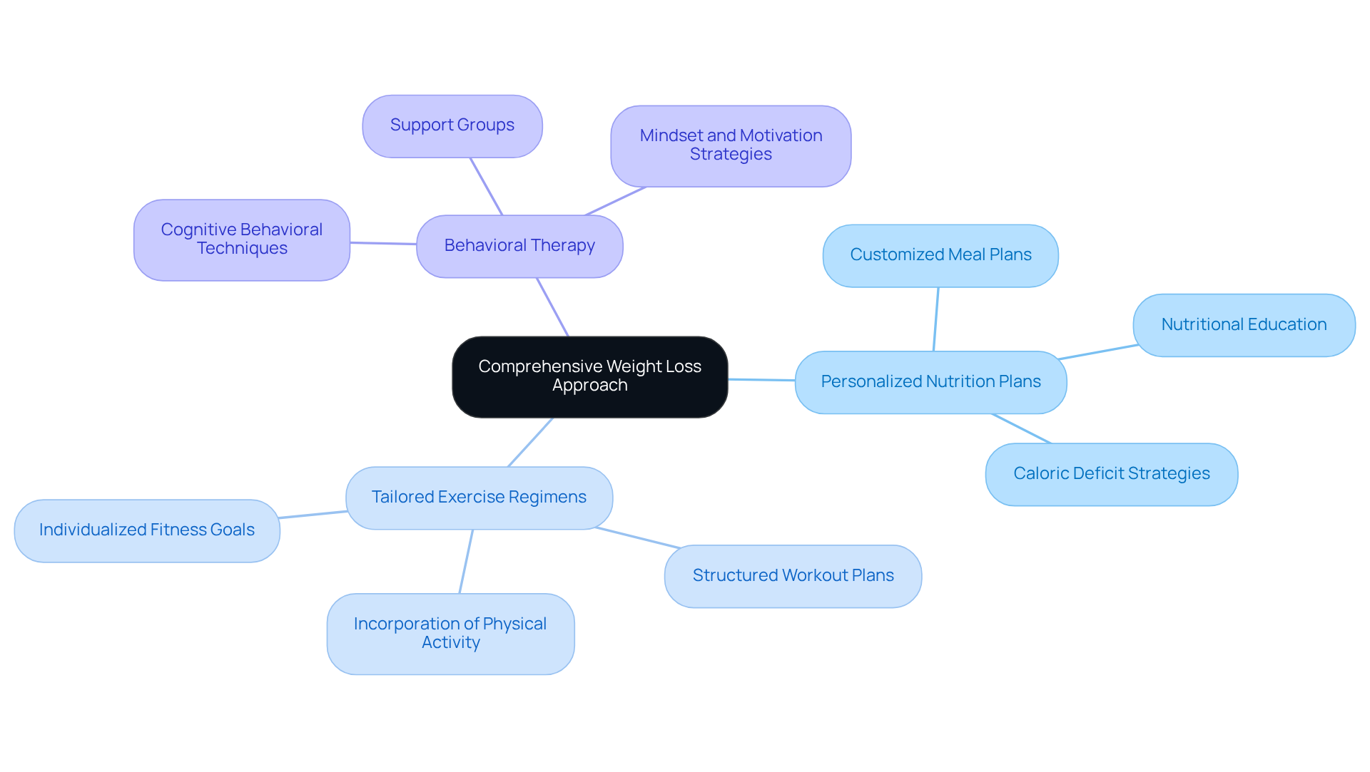 Start at the center with the main approach, then explore each branch to see the specific strategies that support a successful weight loss journey.