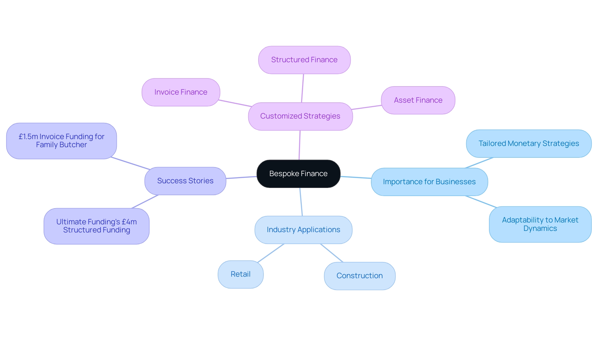 The central node represents the main concept; branches indicate importance, applications, success stories, and strategies, color-coded for visual clarity.