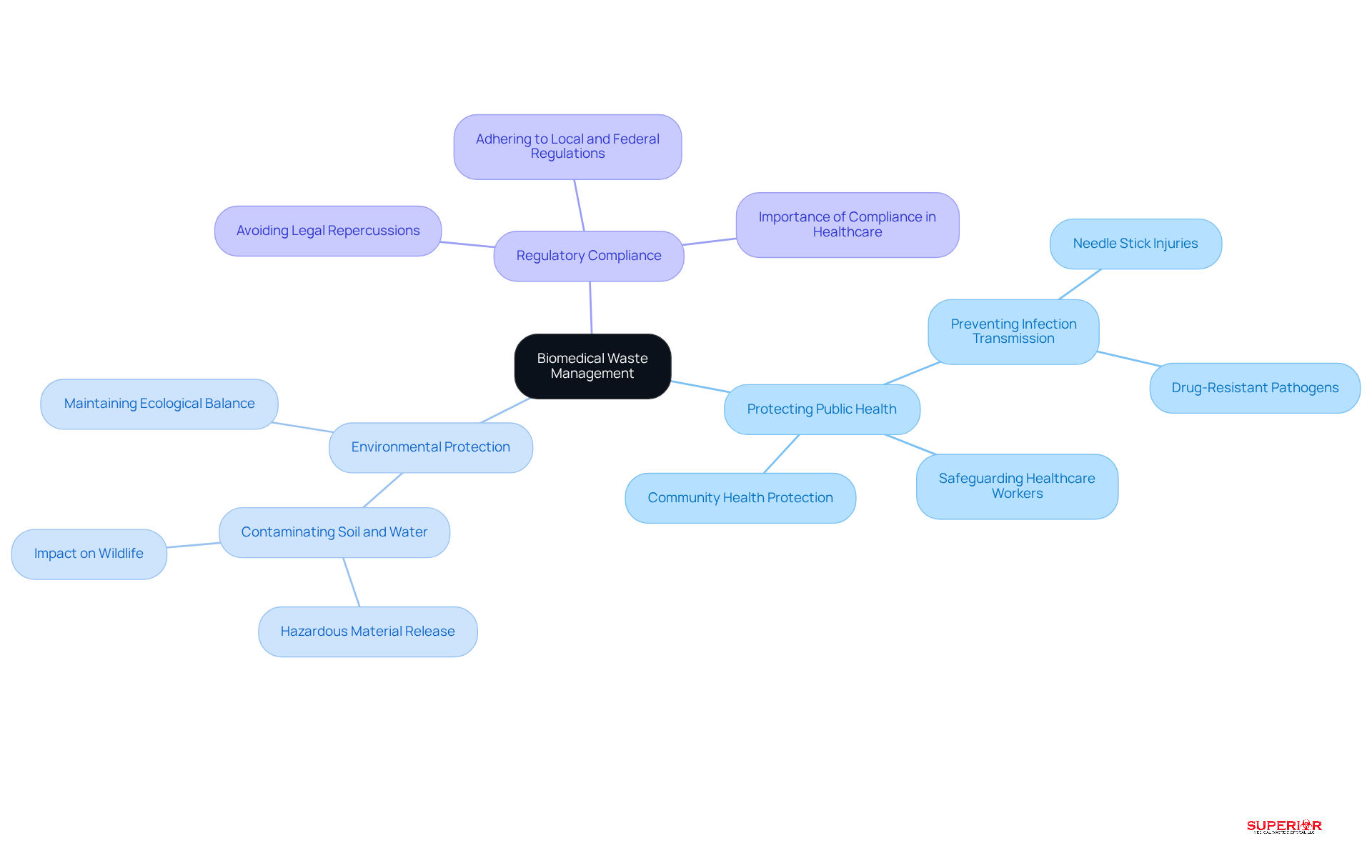 The central node represents the main topic, while the branches show the key areas of focus. Each sub-branch provides specific details related to that area, helping you understand the multifaceted importance of managing biomedical waste.