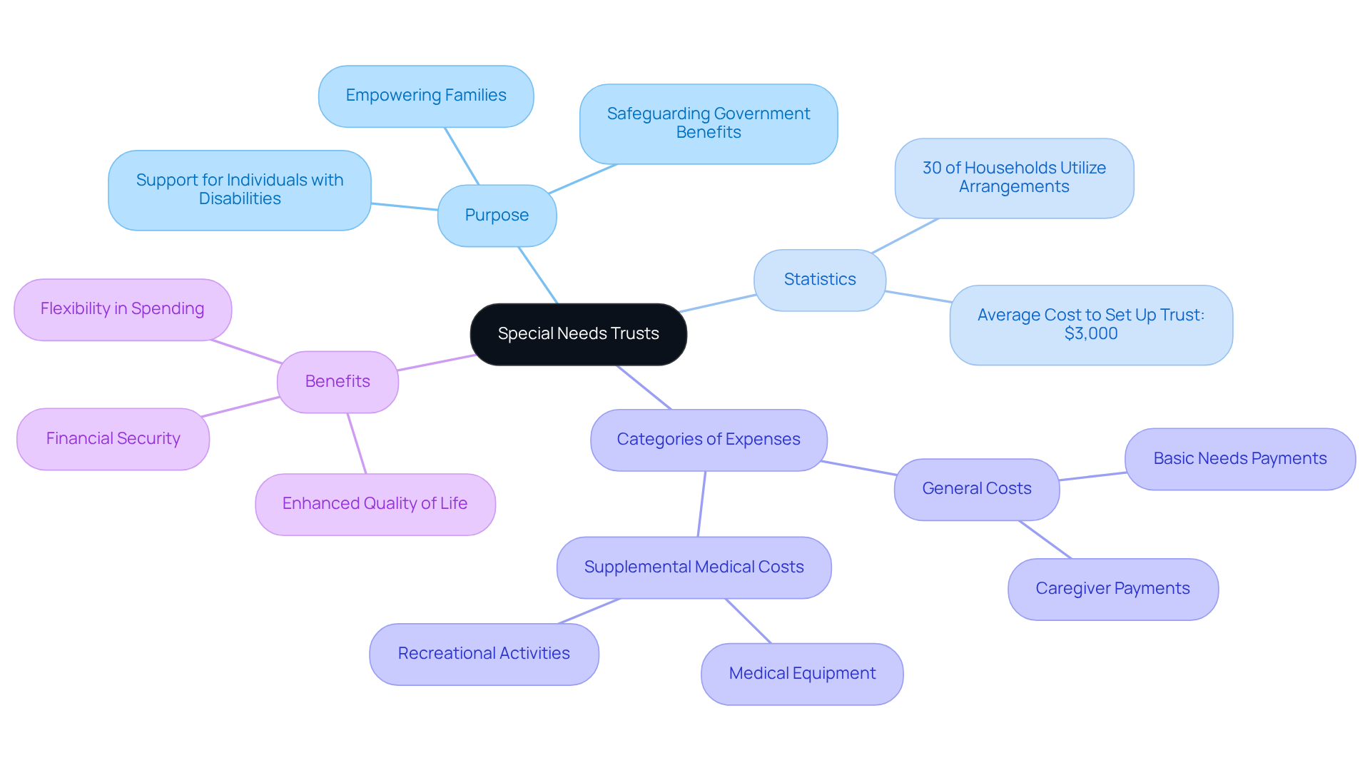 The central node represents the main topic, while the branches show different aspects of special needs trusts. Each branch helps you explore the purpose, statistics, and benefits, making it easier to grasp the importance of these arrangements.