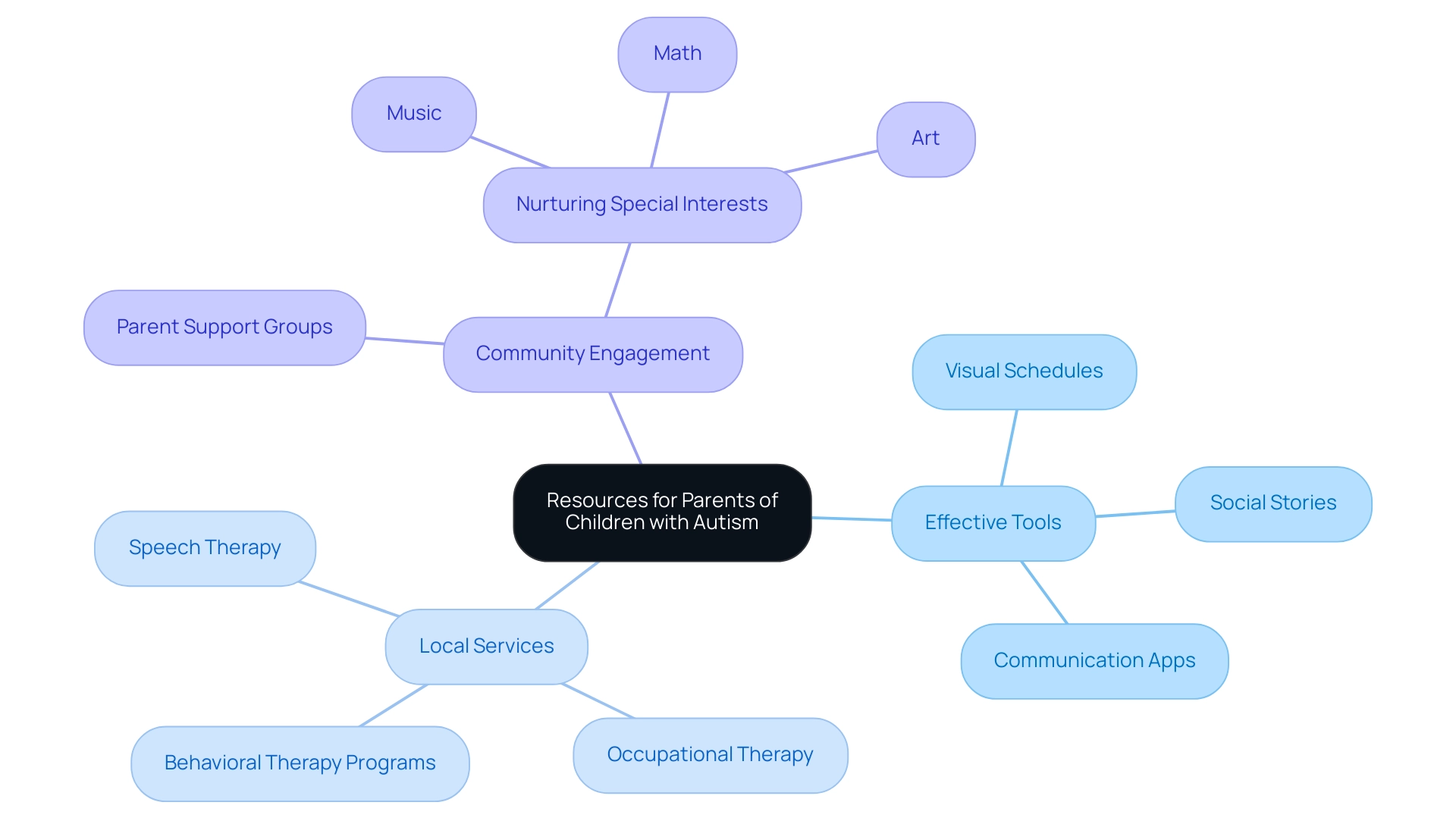 The central node represents overall resources, with branches for effective tools and local services, each with subcategories.