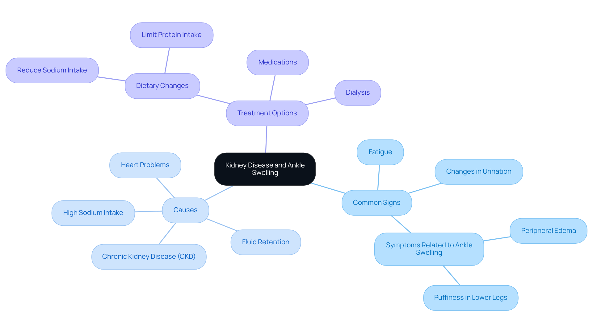 This mindmap starts with kidney disease at the center, branching out to show common signs, causes of ankle swelling, and treatment options. Each branch helps you see how these elements are connected, making it easier to understand the impact of kidney health on swelling.