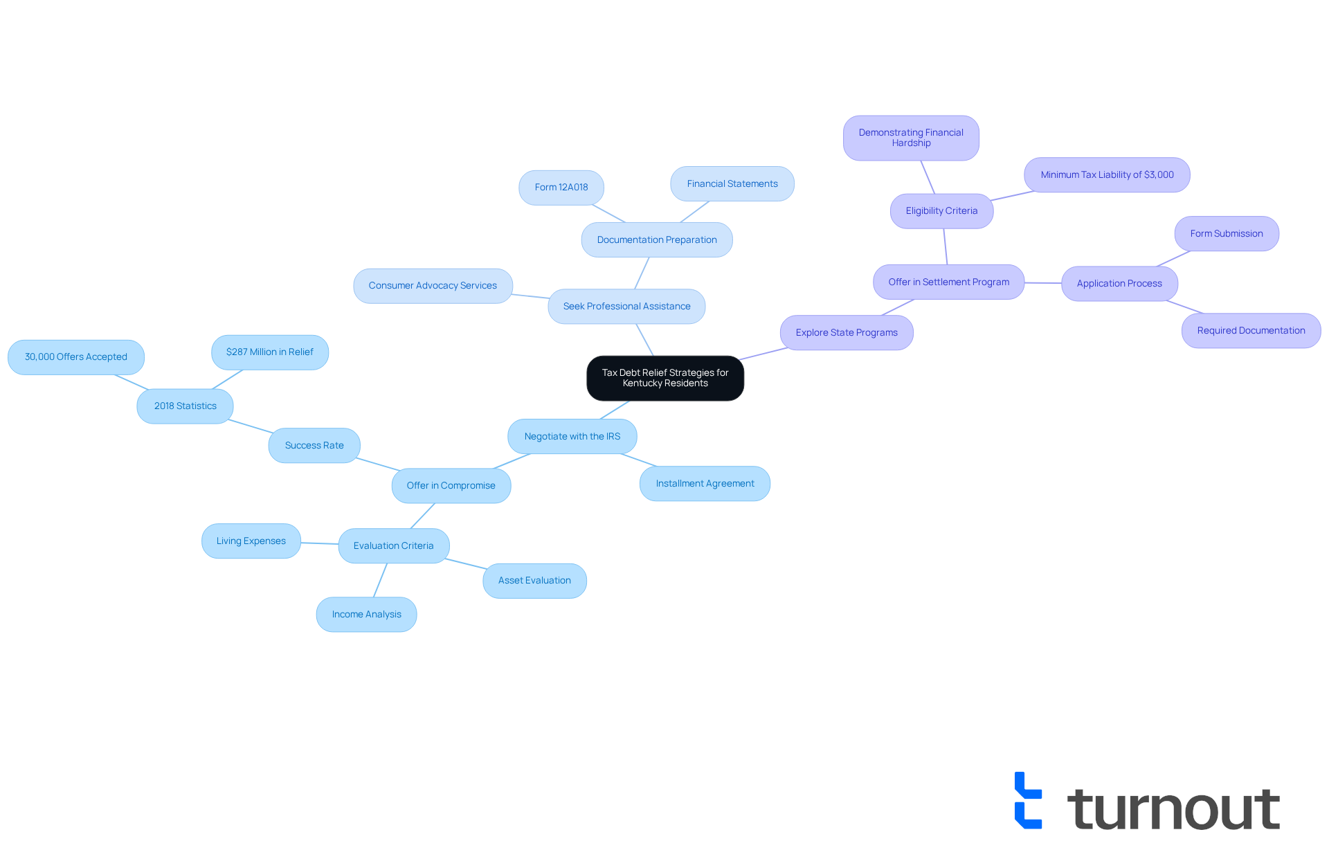 At the center is the overarching topic of tax debt relief. The branches represent different strategies, and the sub-branches provide additional details or steps within those strategies. At the center is the overarching topic of tax debt relief. The branches represent different strategies, and the sub-branches provide additional details or steps within those strategies.